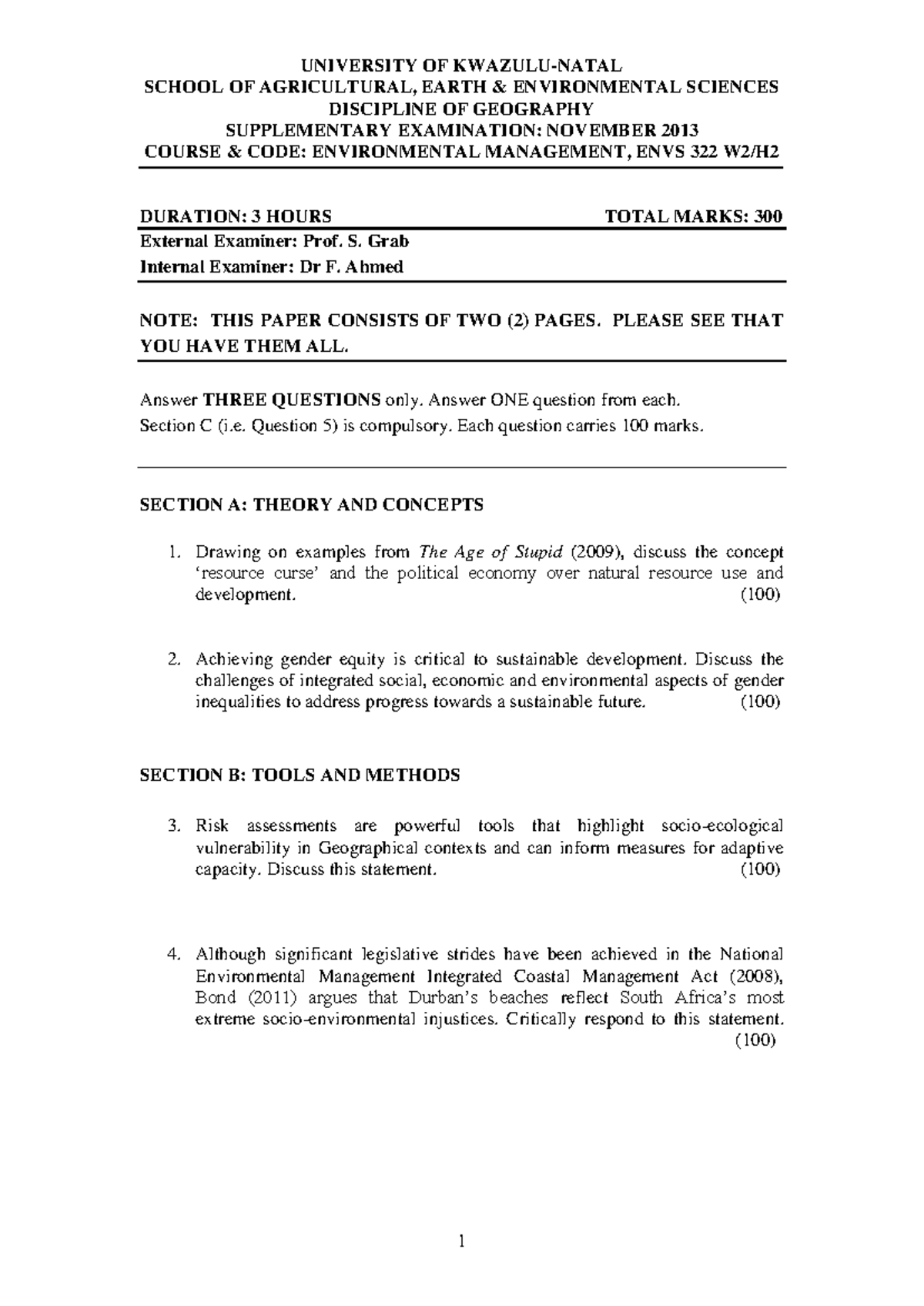 ENVS 322 EXAM SUPP 2013 - Past exam paper - UNIVERSITY OF KWAZULU-NATAL ...