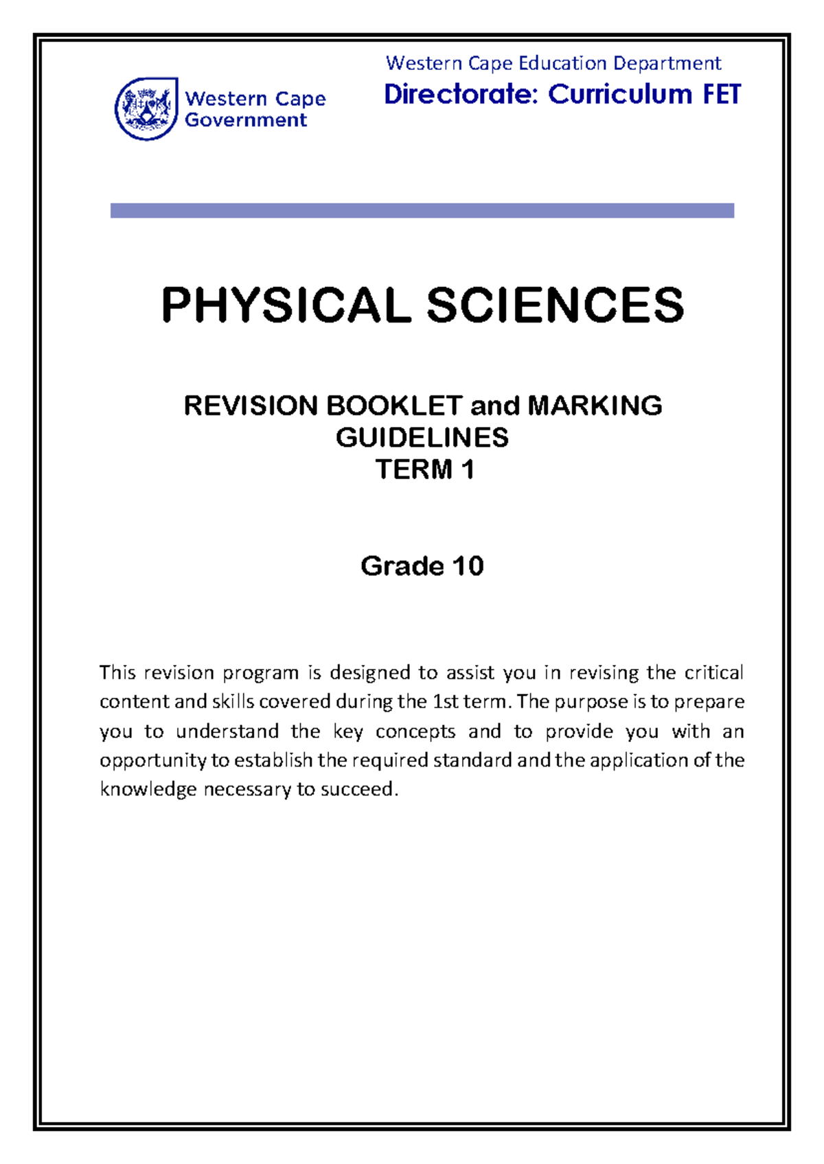 Physical Sciences Grade 10 Term 1 Revision Guide and Marking Scheme ...