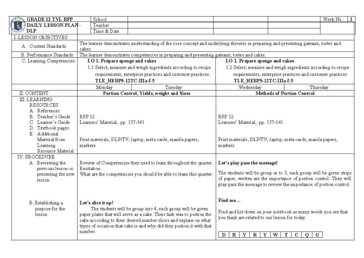 GRADE 12 TVL BPP Q3 L1: Daily Lesson Plan on Portion Control - Studocu