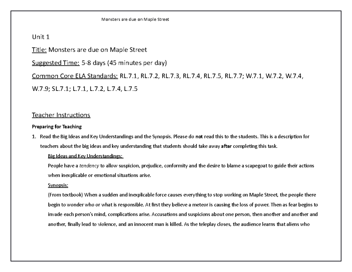 **7. Monsters are Due on Maple Street Lesson - Analysis and Insights ...