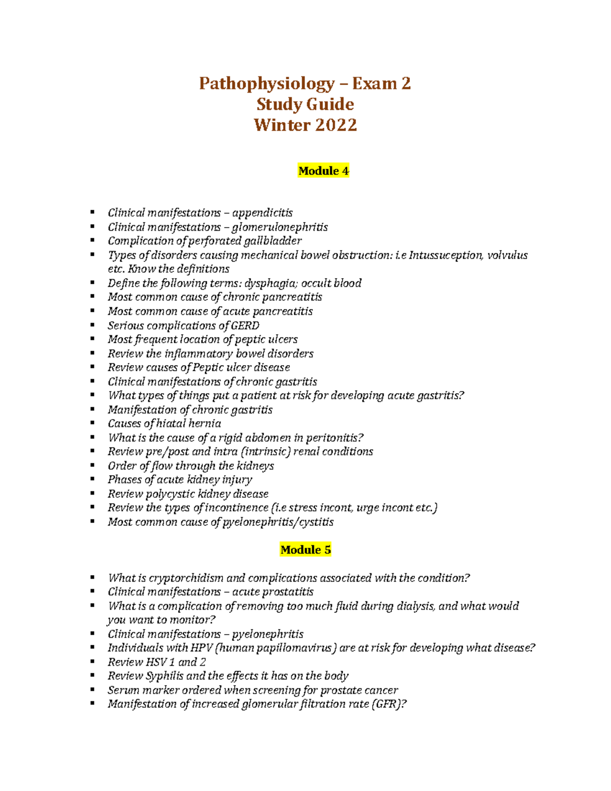 Pathophysiology - Exam 2 Study Guide (Winter 2022) - Studocu