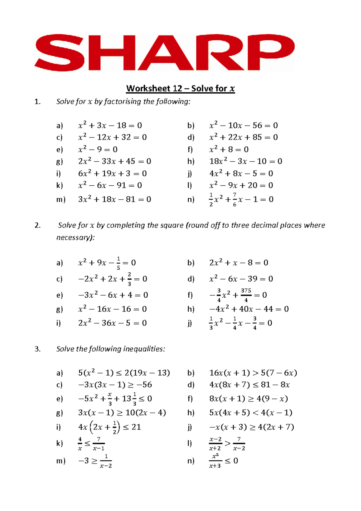 Worksheet 12 - Solving Equations and Inequalities in Math - Studocu