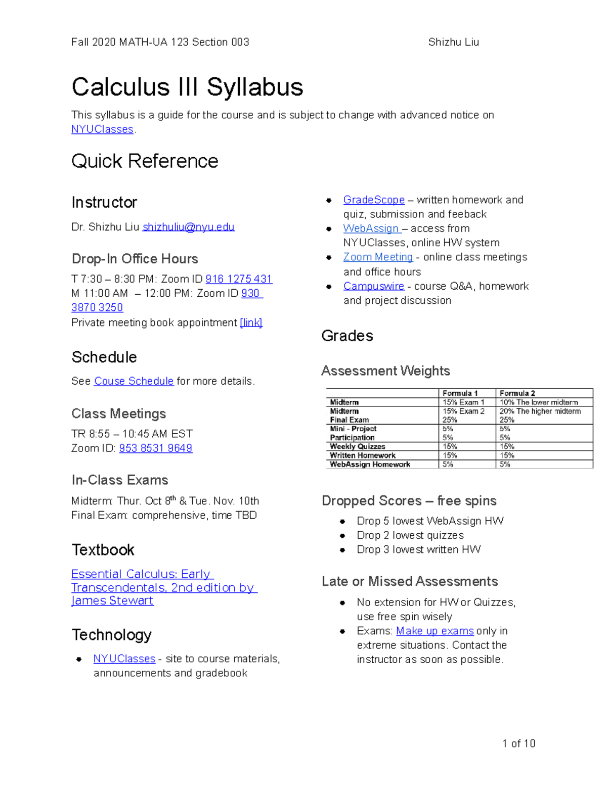 Calc3 Course Syllabus Fall 2020 sec003 Liu - Calculus III Syllabus This syllabus is a guide for ...