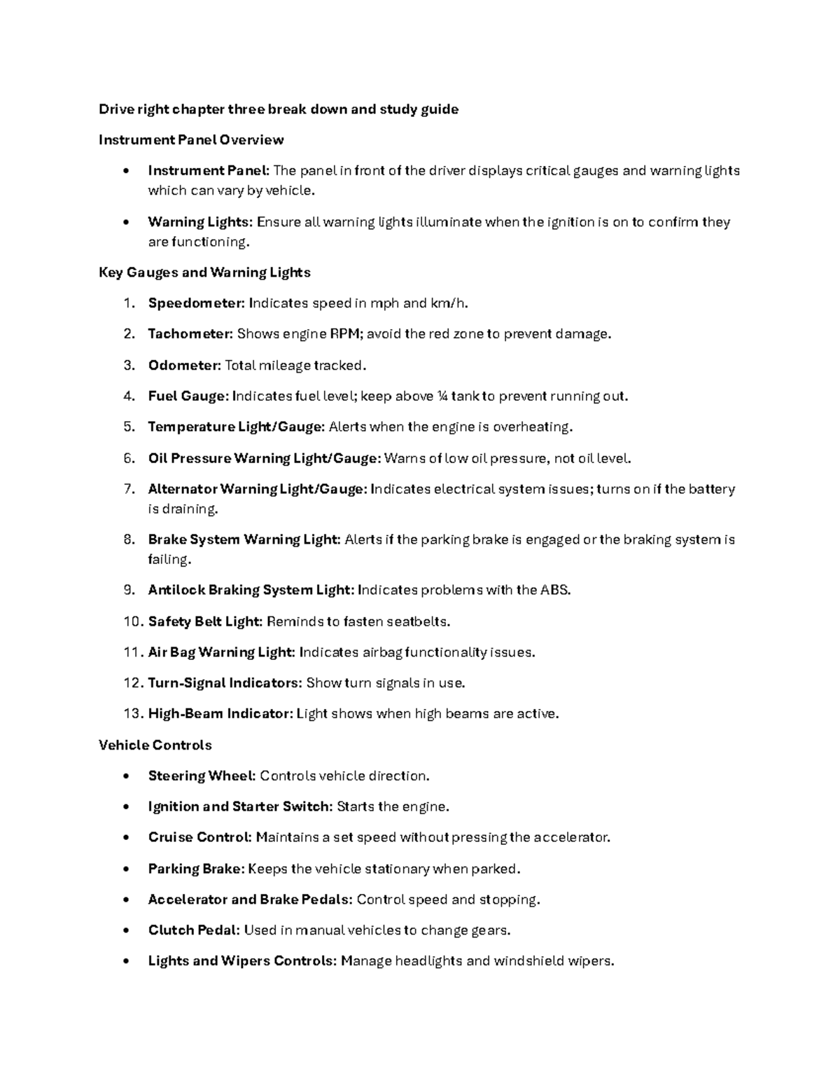 Study Guide for Drivers Ed (Ch3): Instrument Panel Overview - Studocu