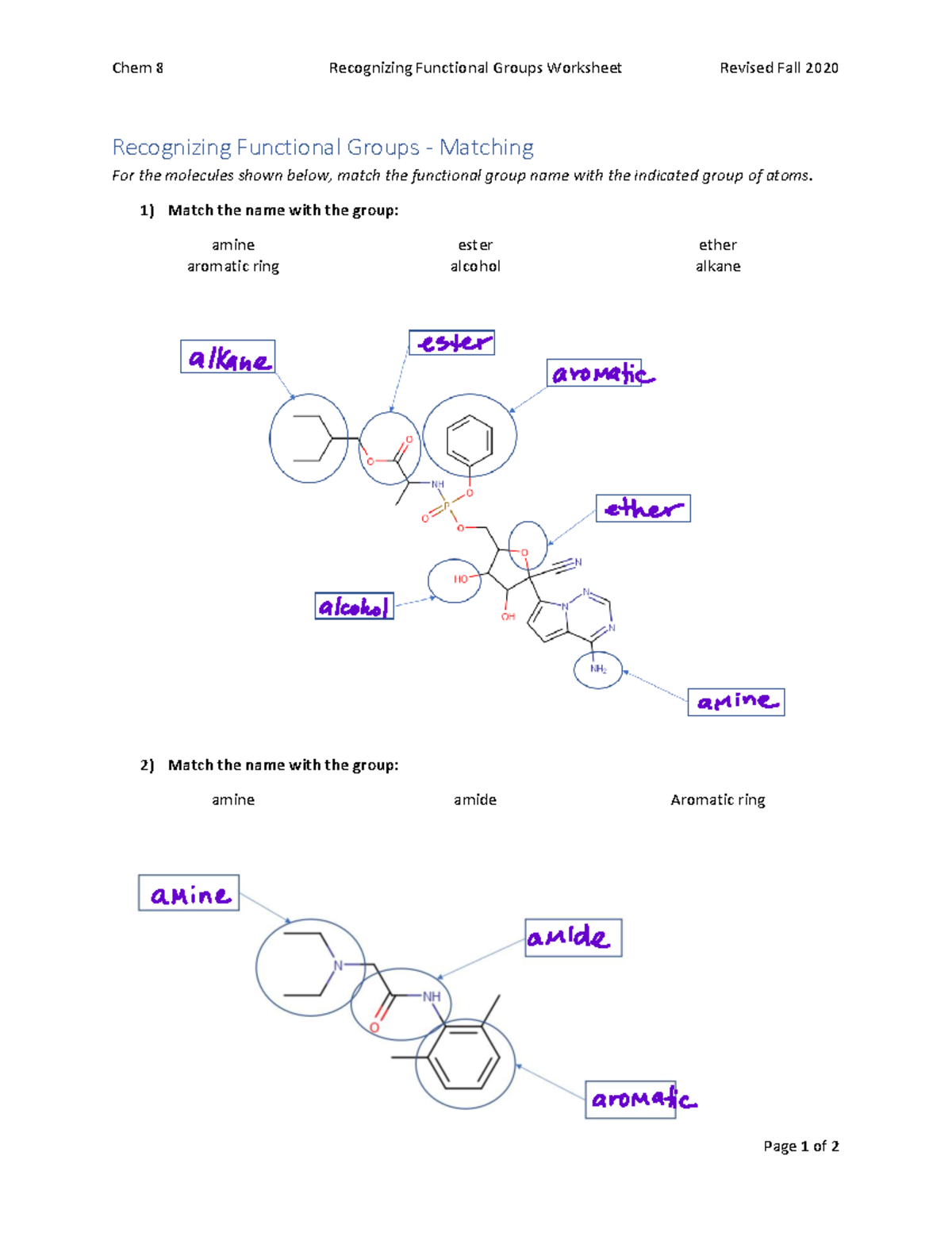 Chem 8 Final Exam Worksheet Solutions: Recognizing Functional Groups ...