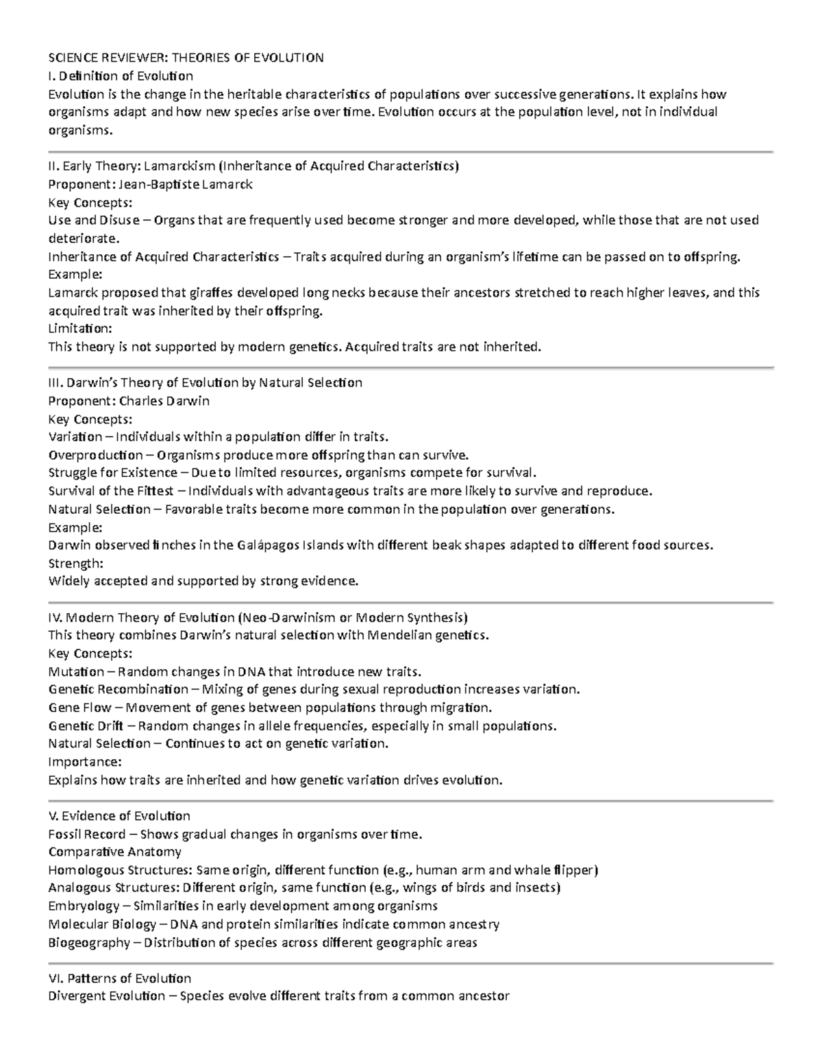SCI 101: Evolution Theories Review Notes and Key Concepts - Studocu