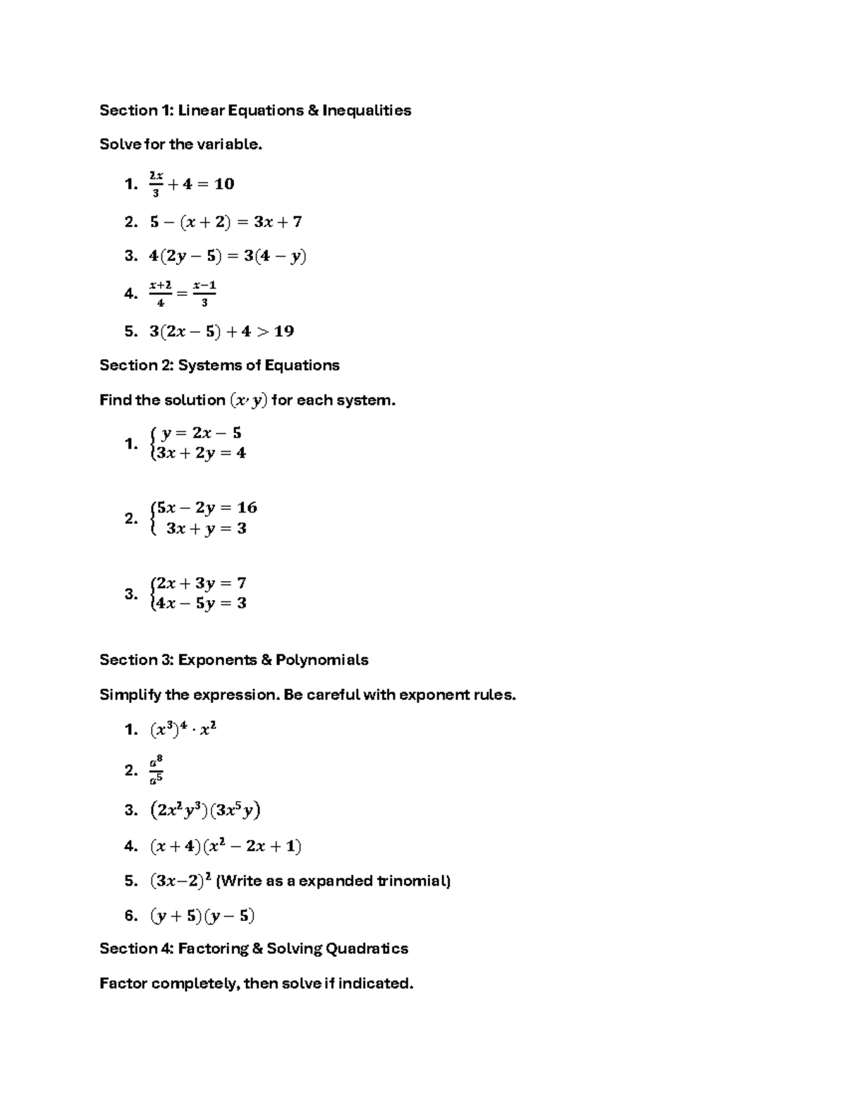 Algebra 5: Exercises for Exam Prep on Linear Equations & More - Studocu