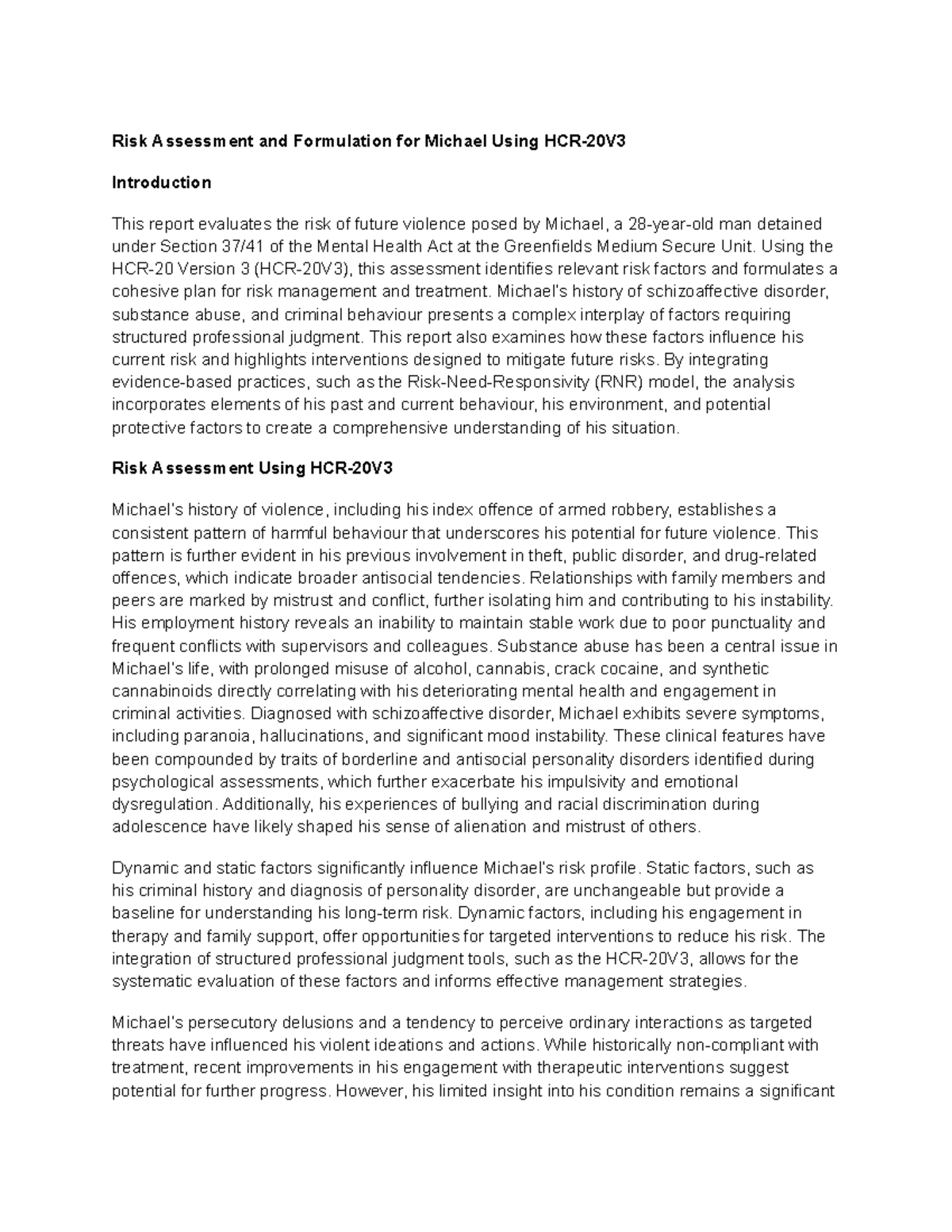 Risk Assessment and Management Plan for Michael (HCR-20V3) - Studocu