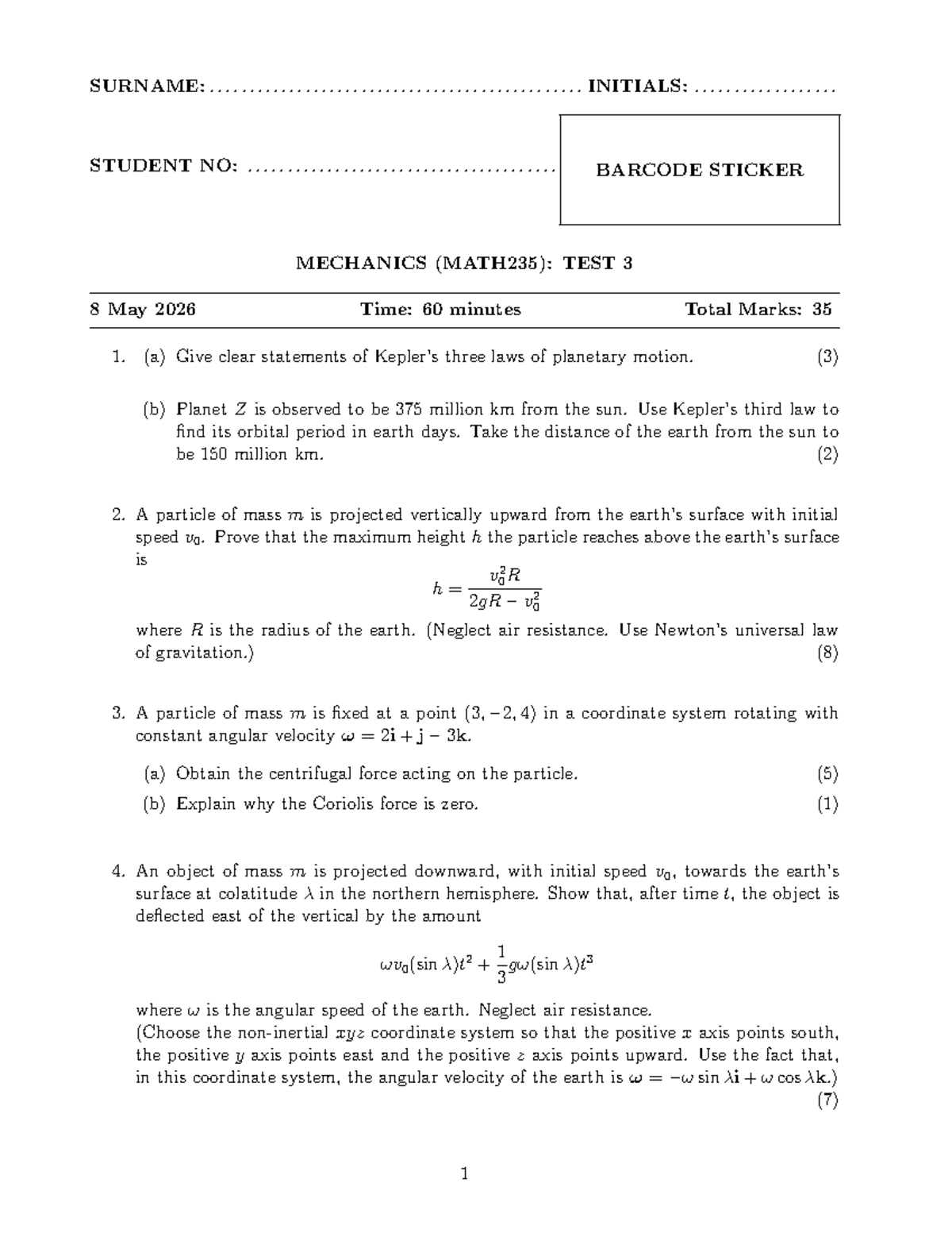 MATH235: Test 3 - Planetary Motion & Forces (8 May 2026) - Studocu