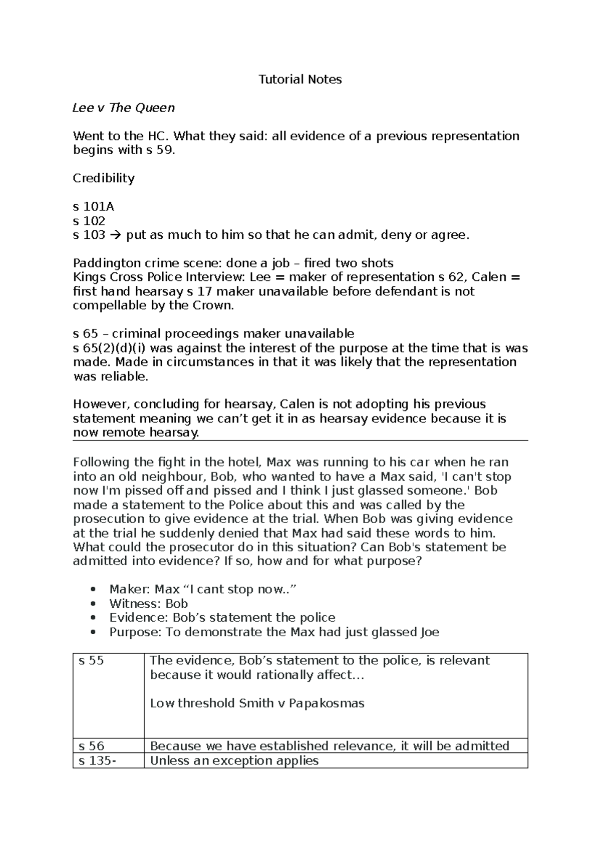 Evidence Tutorial Notes Week 9: Lee v The Queen Analysis - Studocu