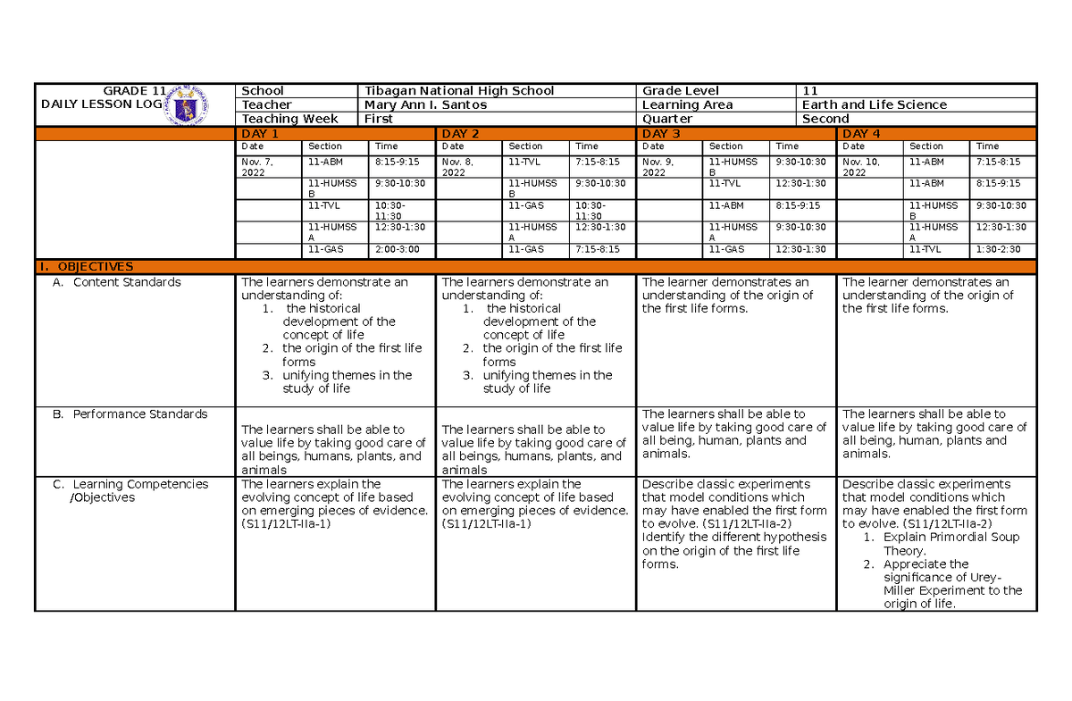 EAL Q2-1st WEEK DLL - Grade 11 Earth and Life Science Lesson Plan - Studocu