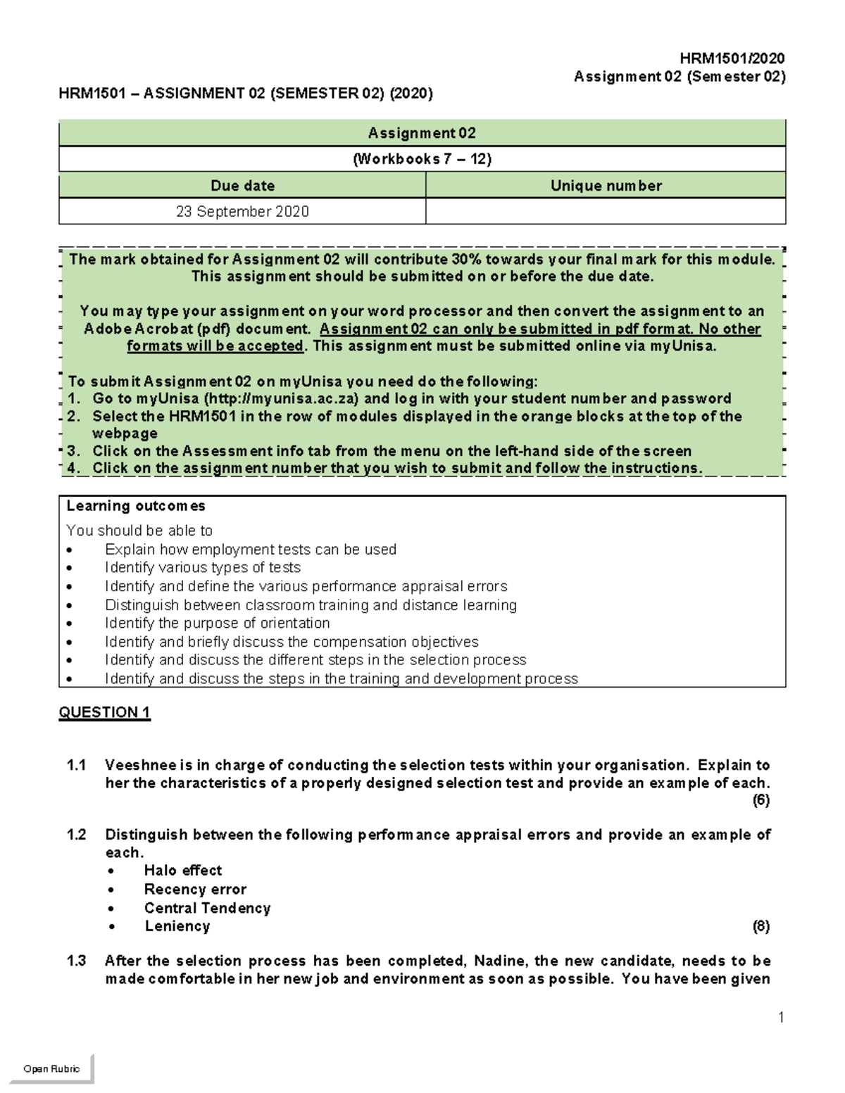 HRM1501 2020 S2 Assignment 02 - HRM1501/ Assignment 02 (Semester 02) 1 ...