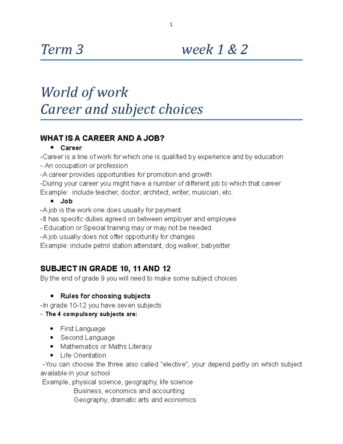 Grade 9 Term 3 Week 1: Exploring Careers and Subject Choices - Studocu