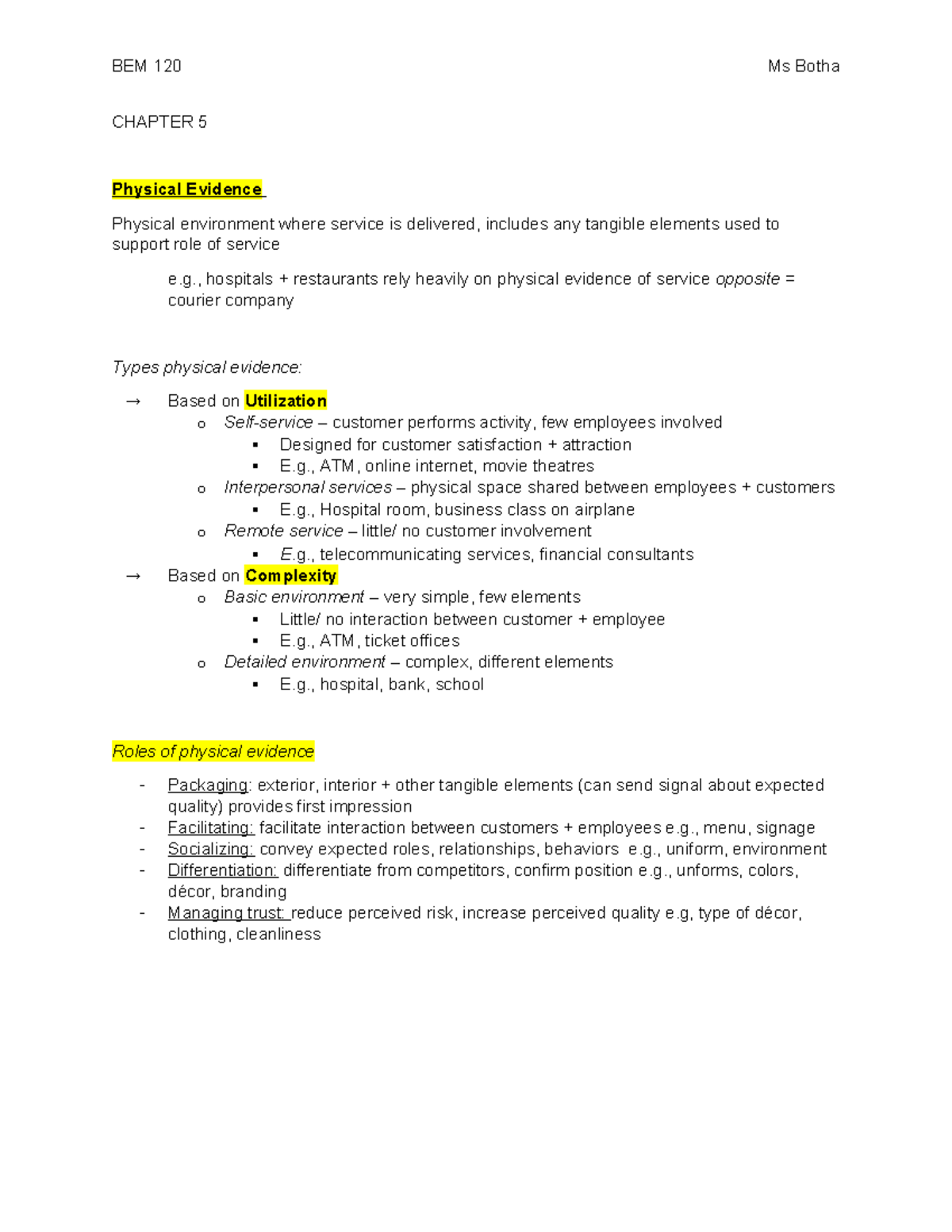 BEM Ch5 notes - BEM 120 - BEM 120 Ms Botha CHAPTER 5 Physical Evidence ...