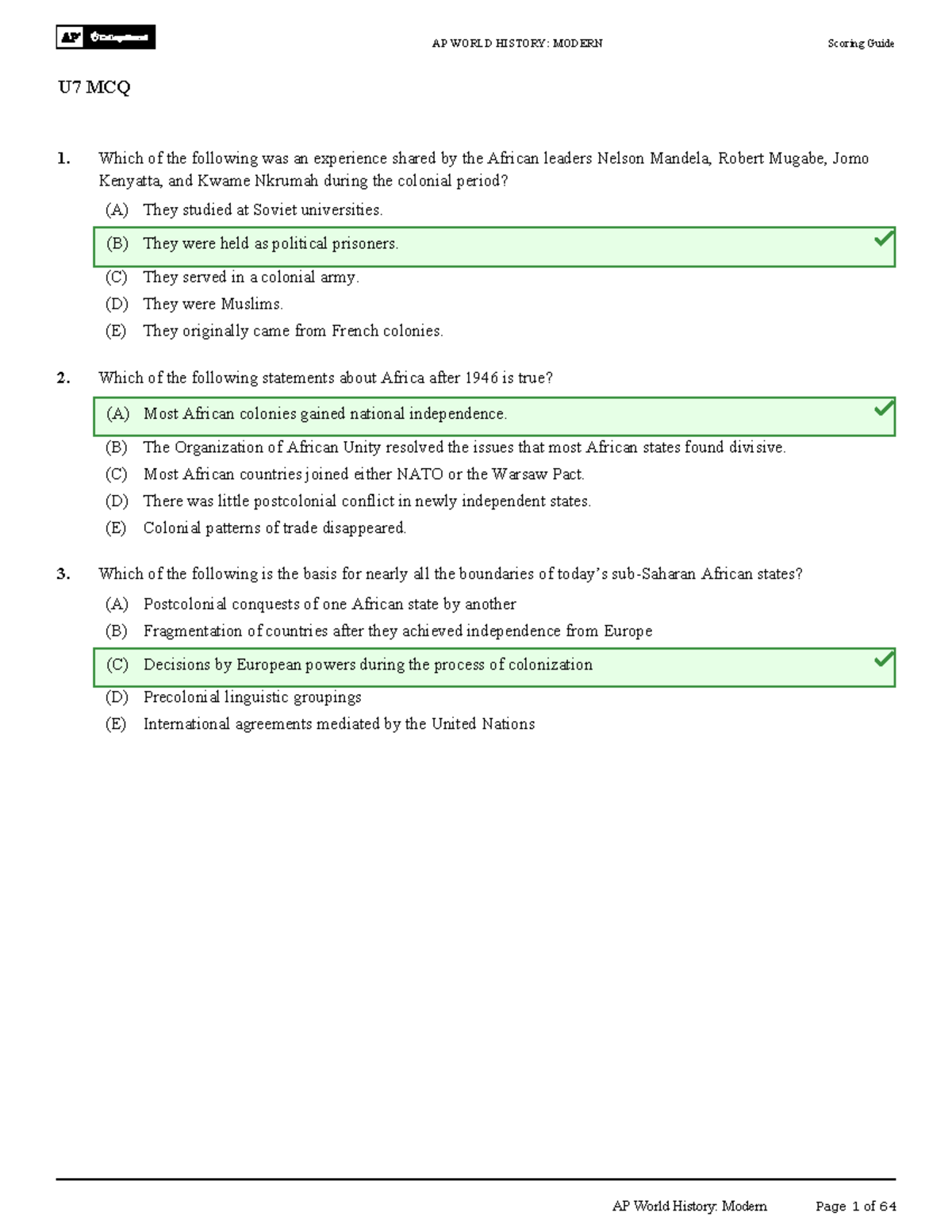 AP WORLD HISTORY: MODERN Unit 7 MCQ Scoring Guide - Studocu