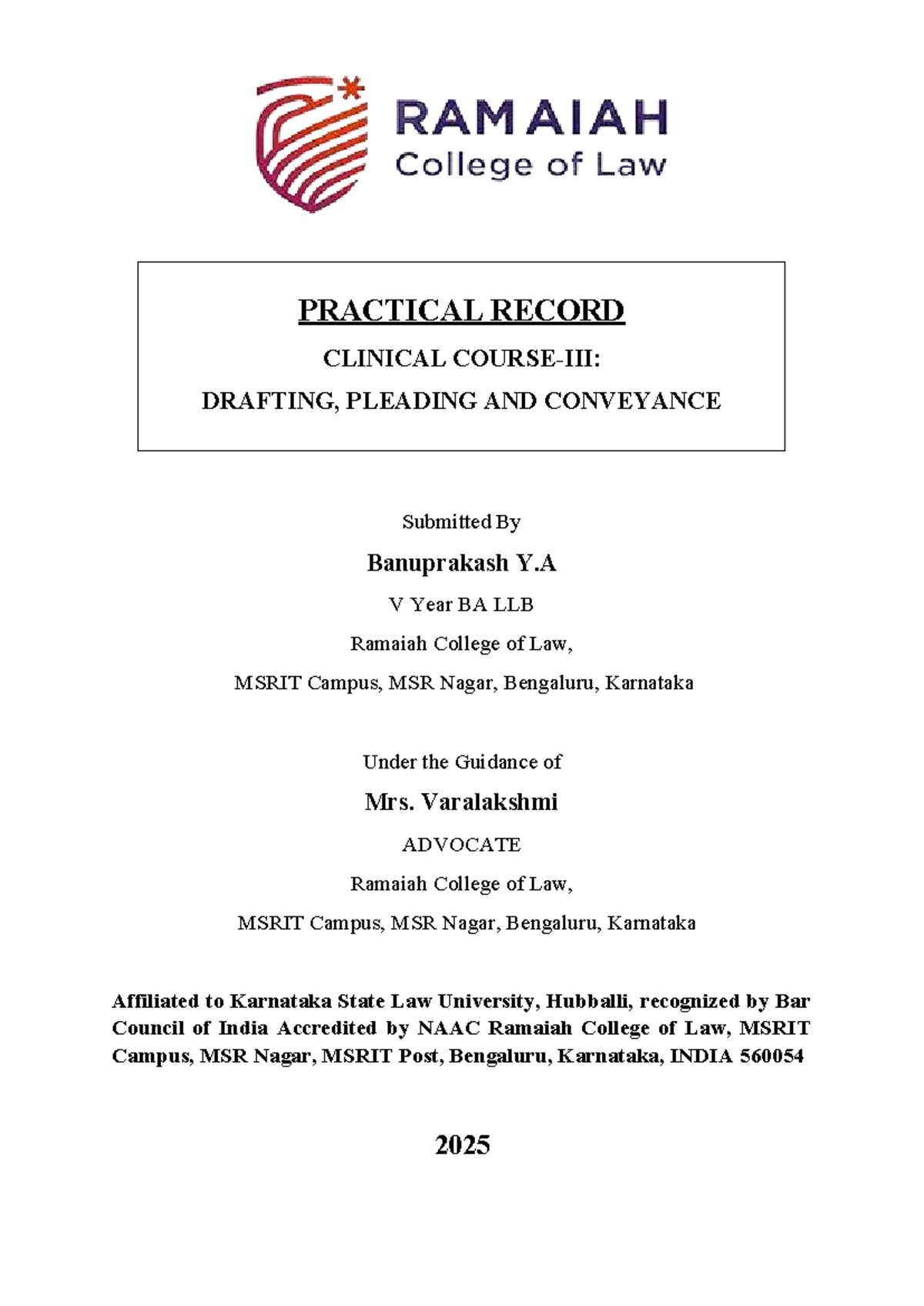 Clinical Drafting, Pleading & Conveyance Practical Record - BA LLB IX ...