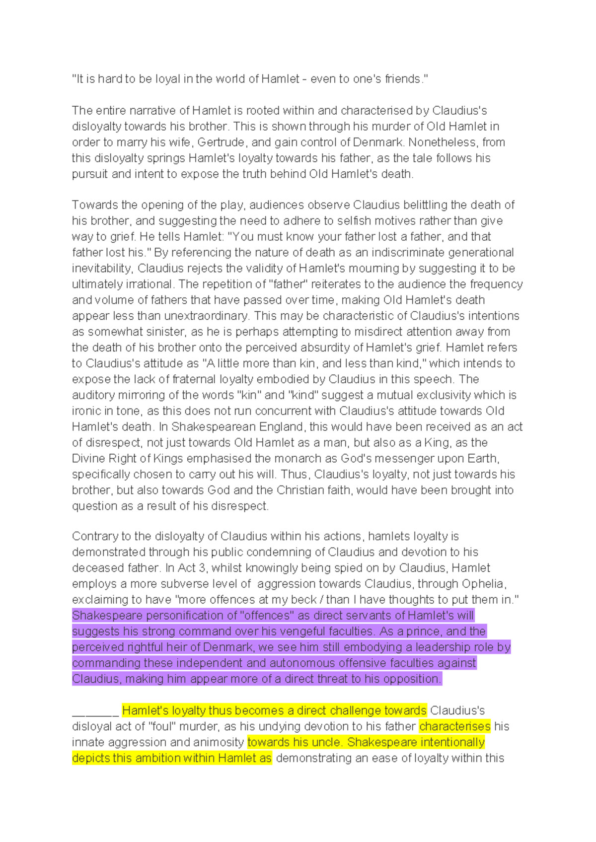 ENG 201: Essay on Loyalty and Disloyalty in Shakespeare's Hamlet - Studocu