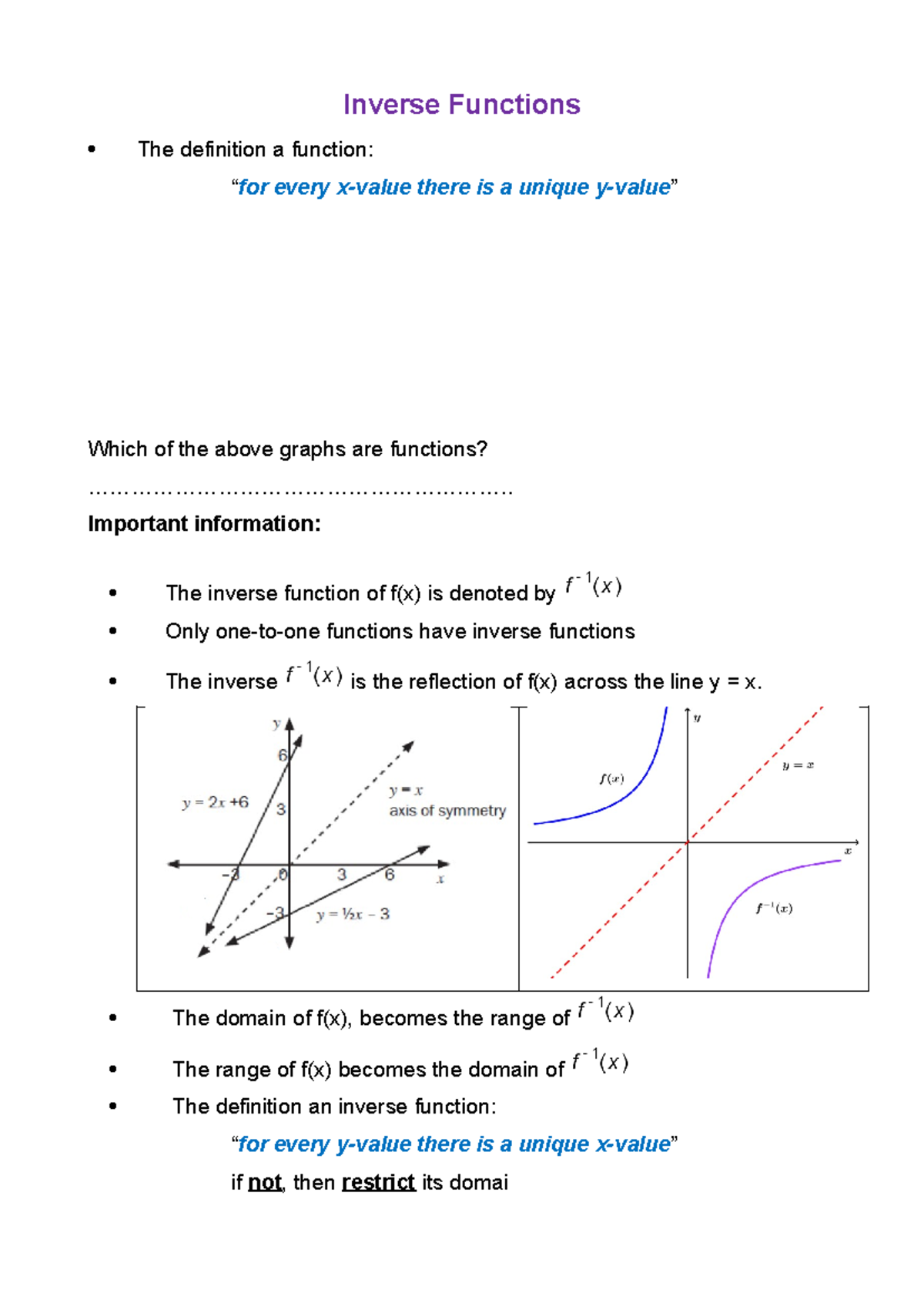 Inverse Functions Notes HF - Inverse Functions ####### The definition a ...