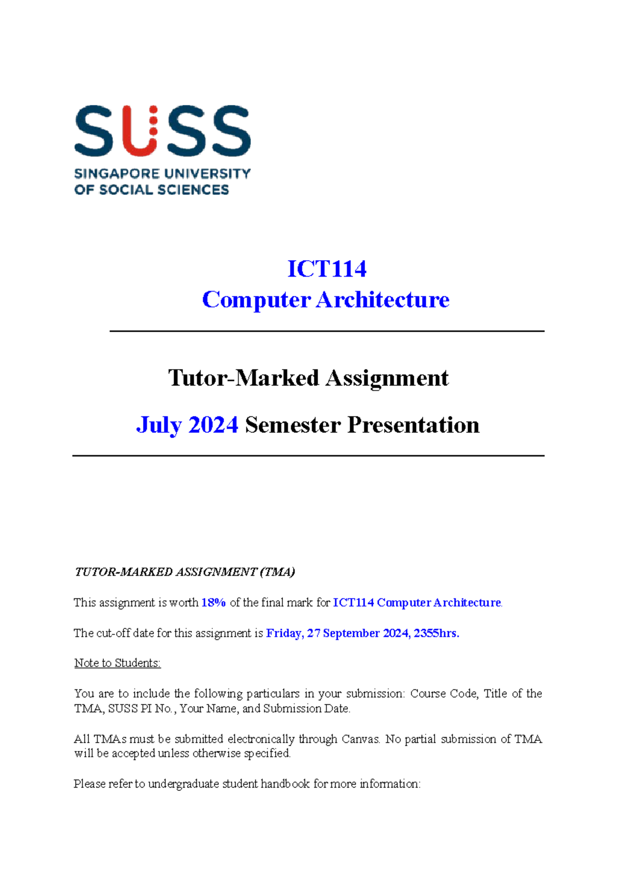 ICT114 TMA01 Computer Architecture Assignment - July 2024 Details - Studocu