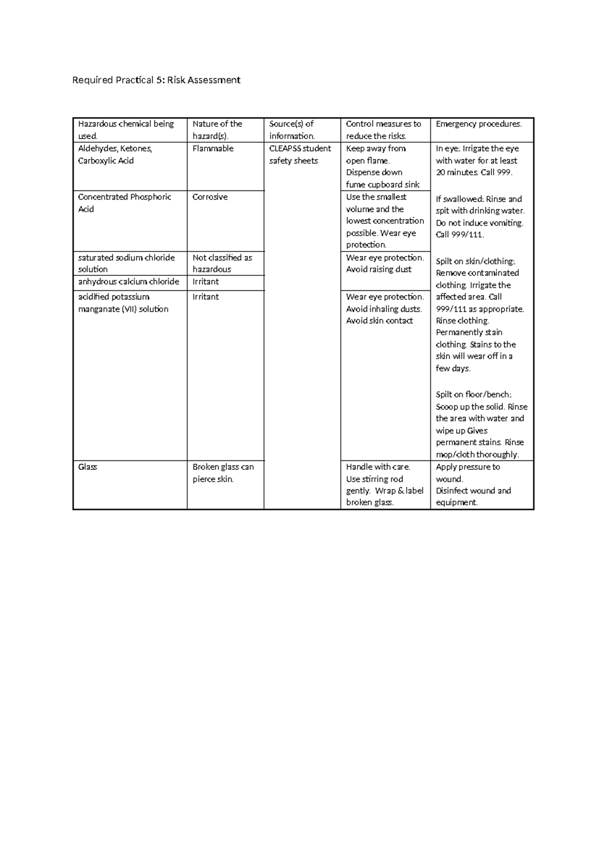 Required Practical 5: Risk Assessment for Hazardous Chemicals - Studocu