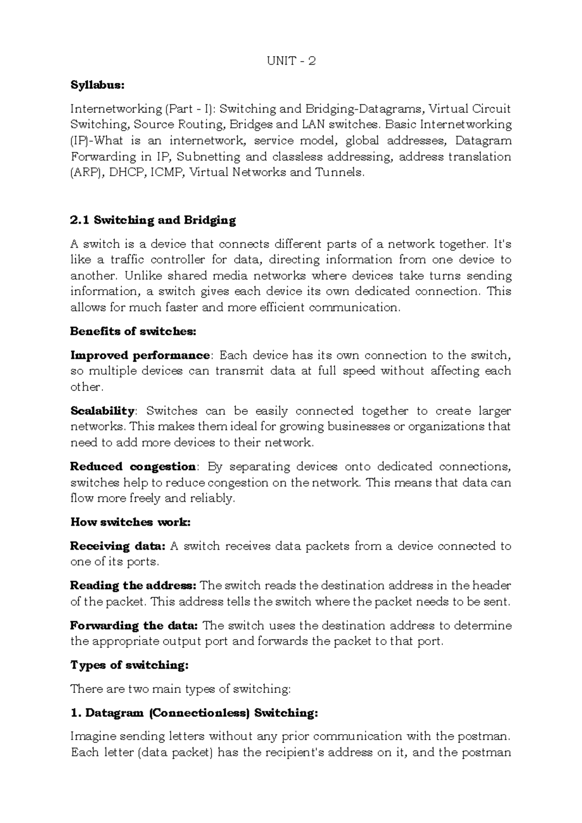 UNIT 2 Syllabus: Internetworking Concepts - Switching, Routing, and Addressing - Studocu