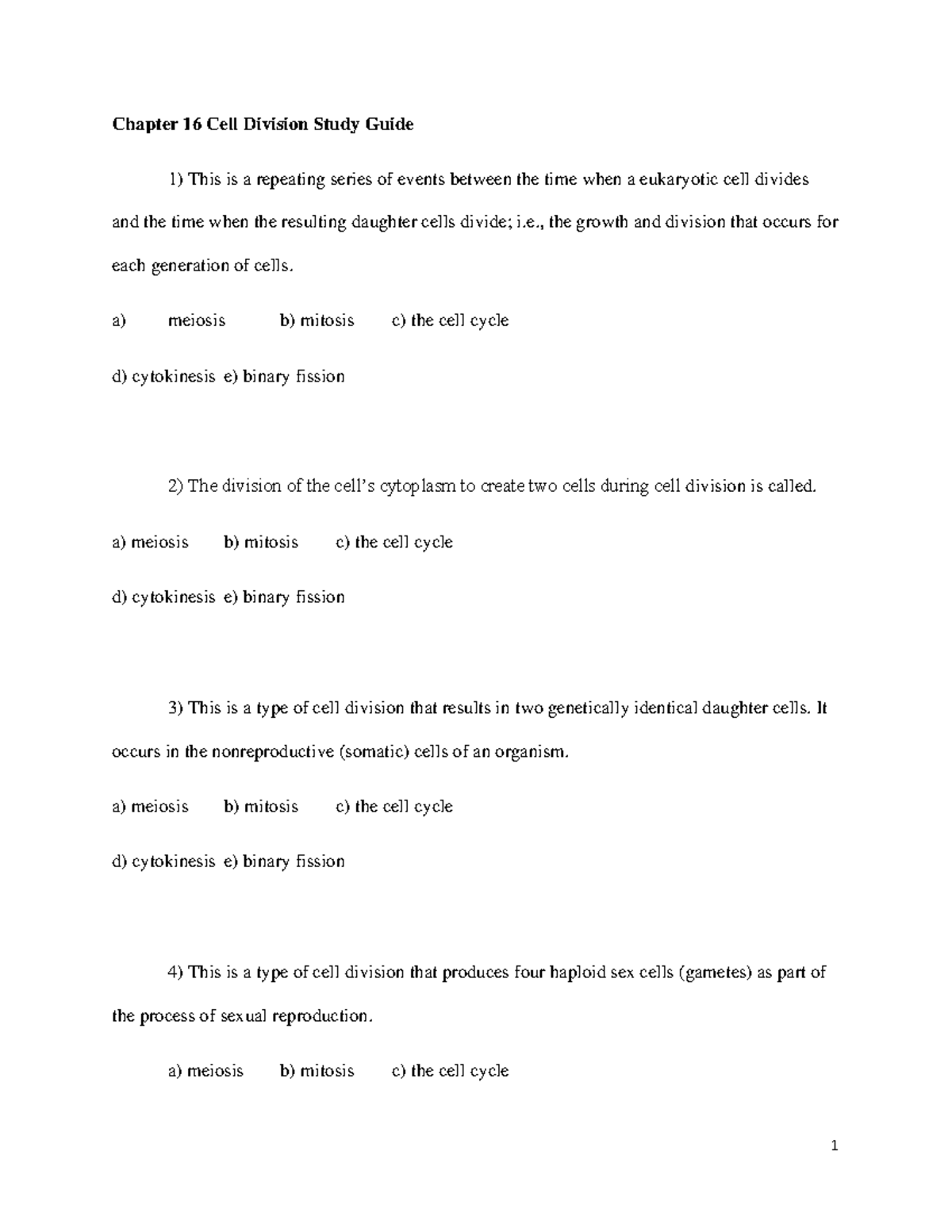 Chapter 16 Cell Division Study Guide - , the growth and division that ...