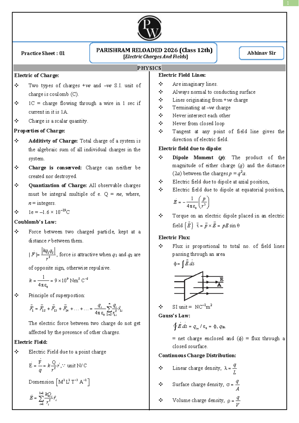 Electric Charges and Fields Practice Sheet 01 (Class 12) - Studocu