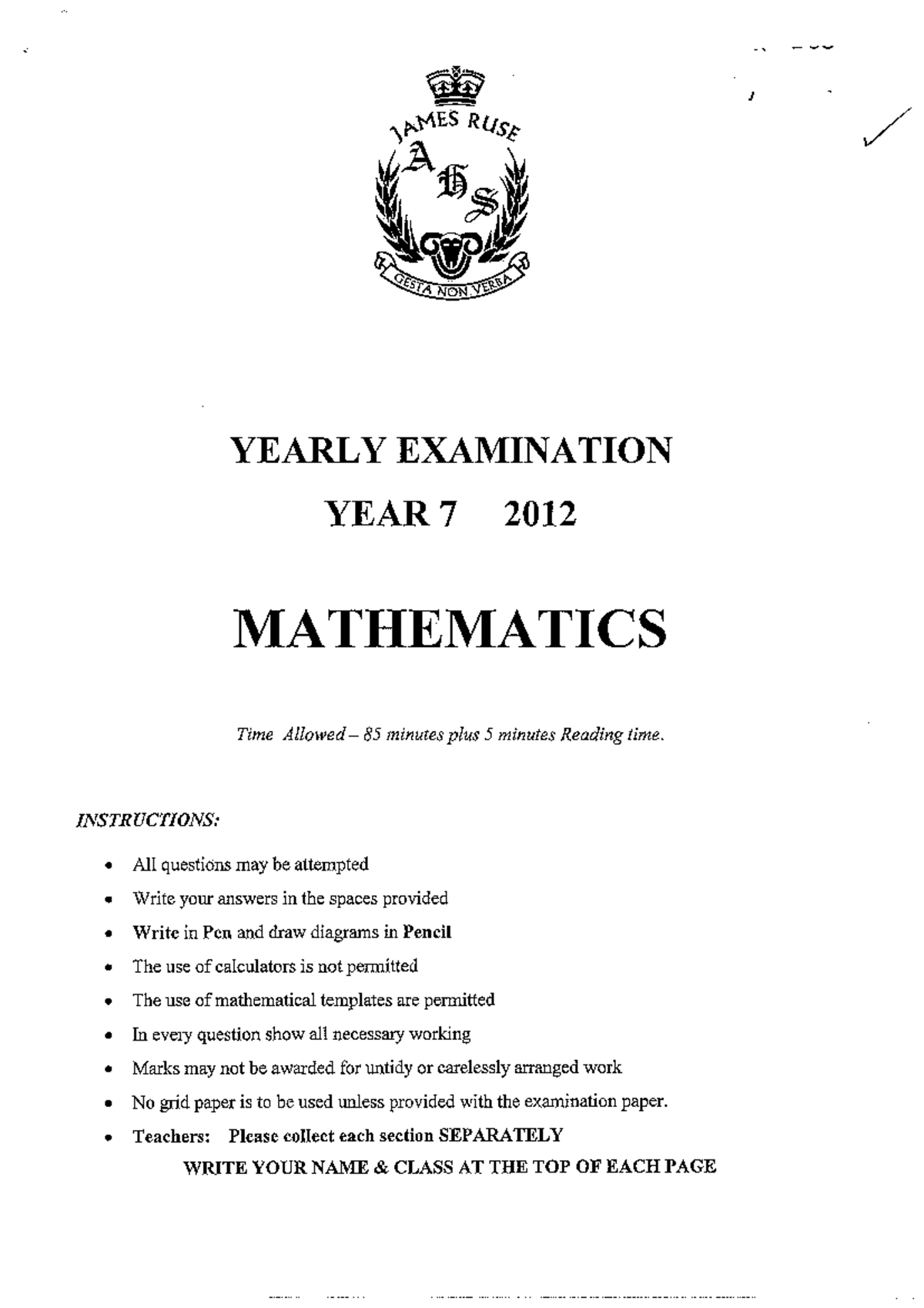 Year 7 Mathematics Yearly Exam 2012 - JAMES RUSE GESTA NON VERBA - Studocu