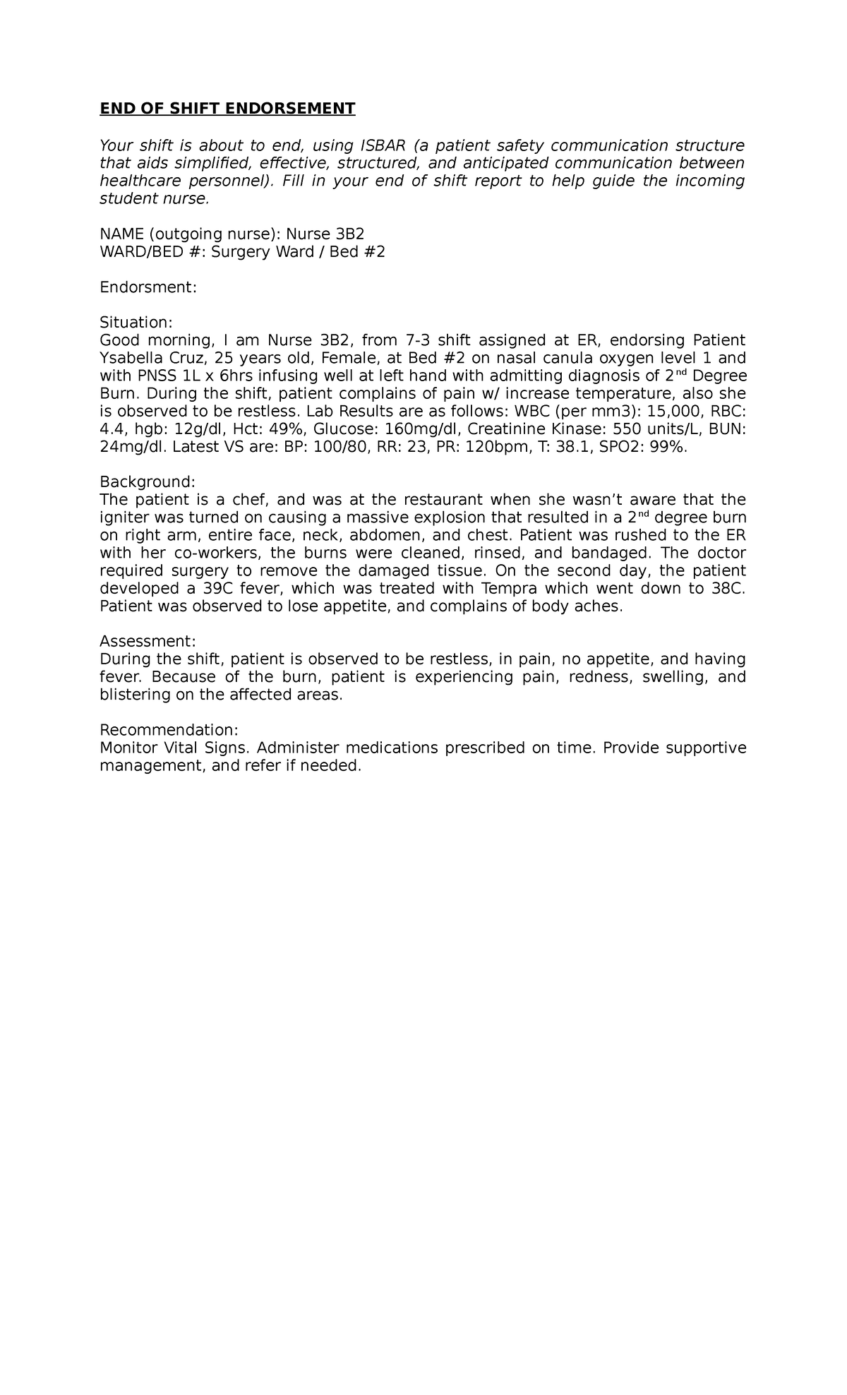 End of Shift Endorsement Report: Patient Ysabella Cruz - ER Shift - Studocu