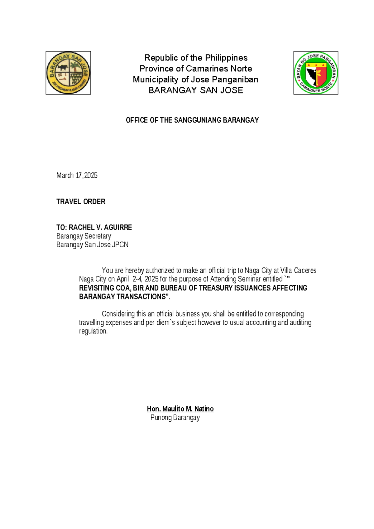 Travel Order for Seminar on COA, BIR, and Treasury Issuances - Studocu