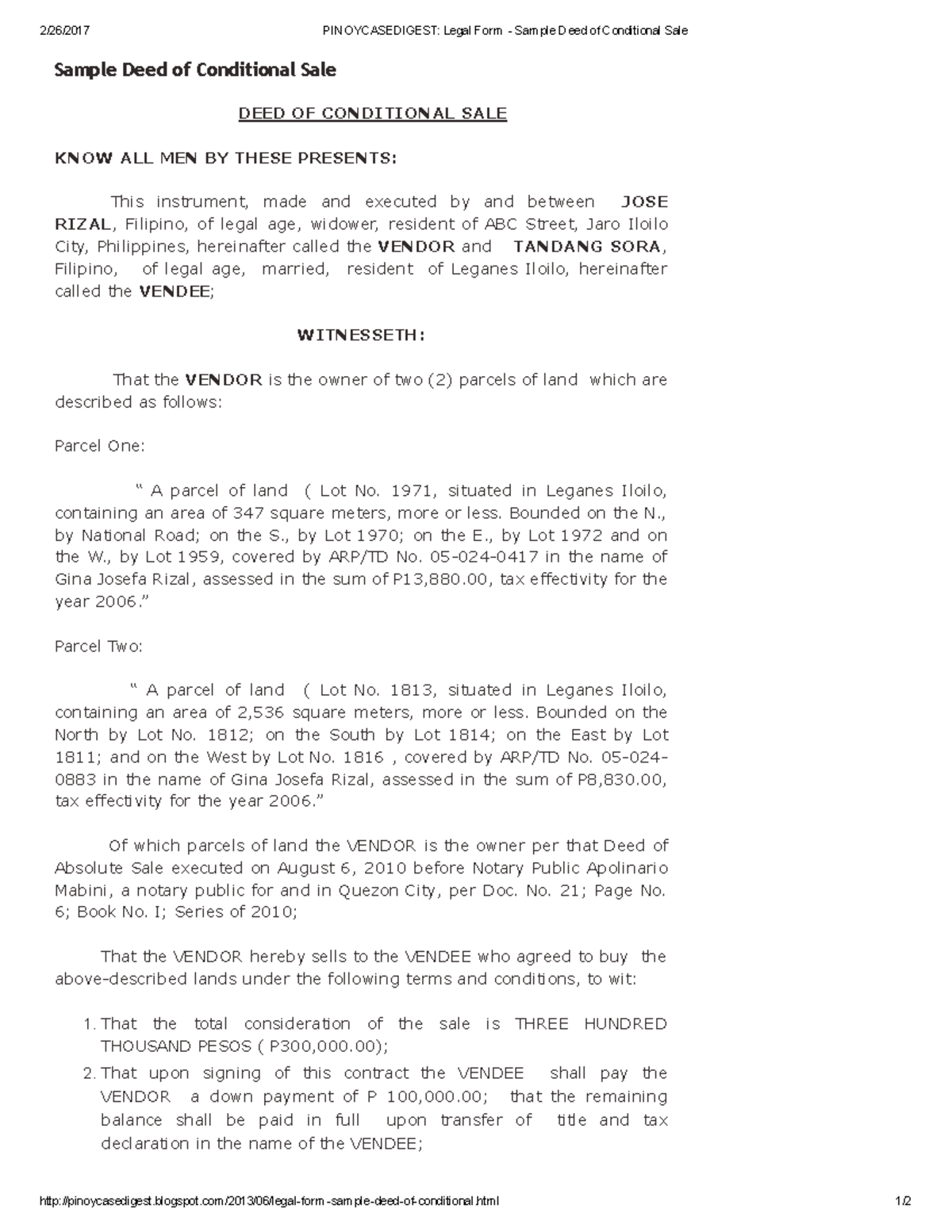 Template of Conditional Deed of Sale - 2/26/2017 PINOYCASEDIGEST: Legal ...