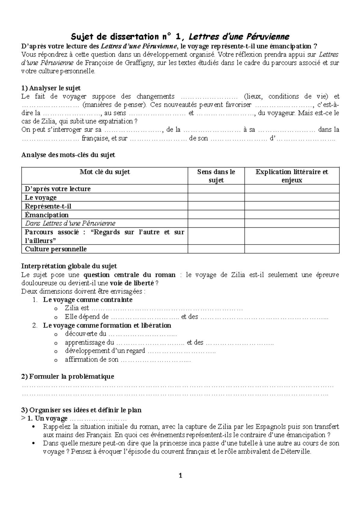 Sujet de dissertation n° 1 : Lettres d'une Péruvienne - Voyage et ...