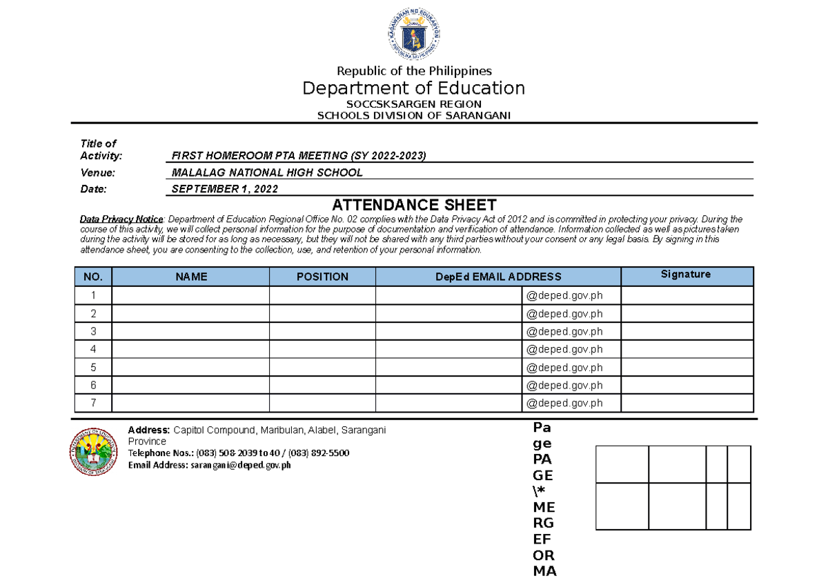 Attendance Sheet - First Homeroom PTA Meeting (SY 2022-2023) - Studocu