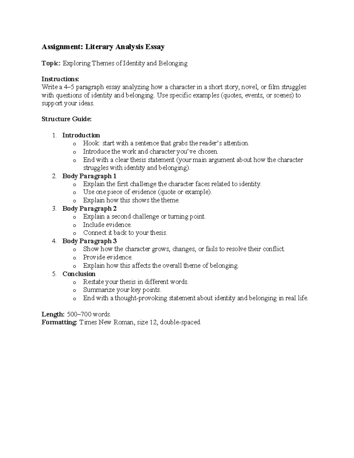 ENG 201: Literary Analysis Essay Outline on Identity & Belonging - Studocu