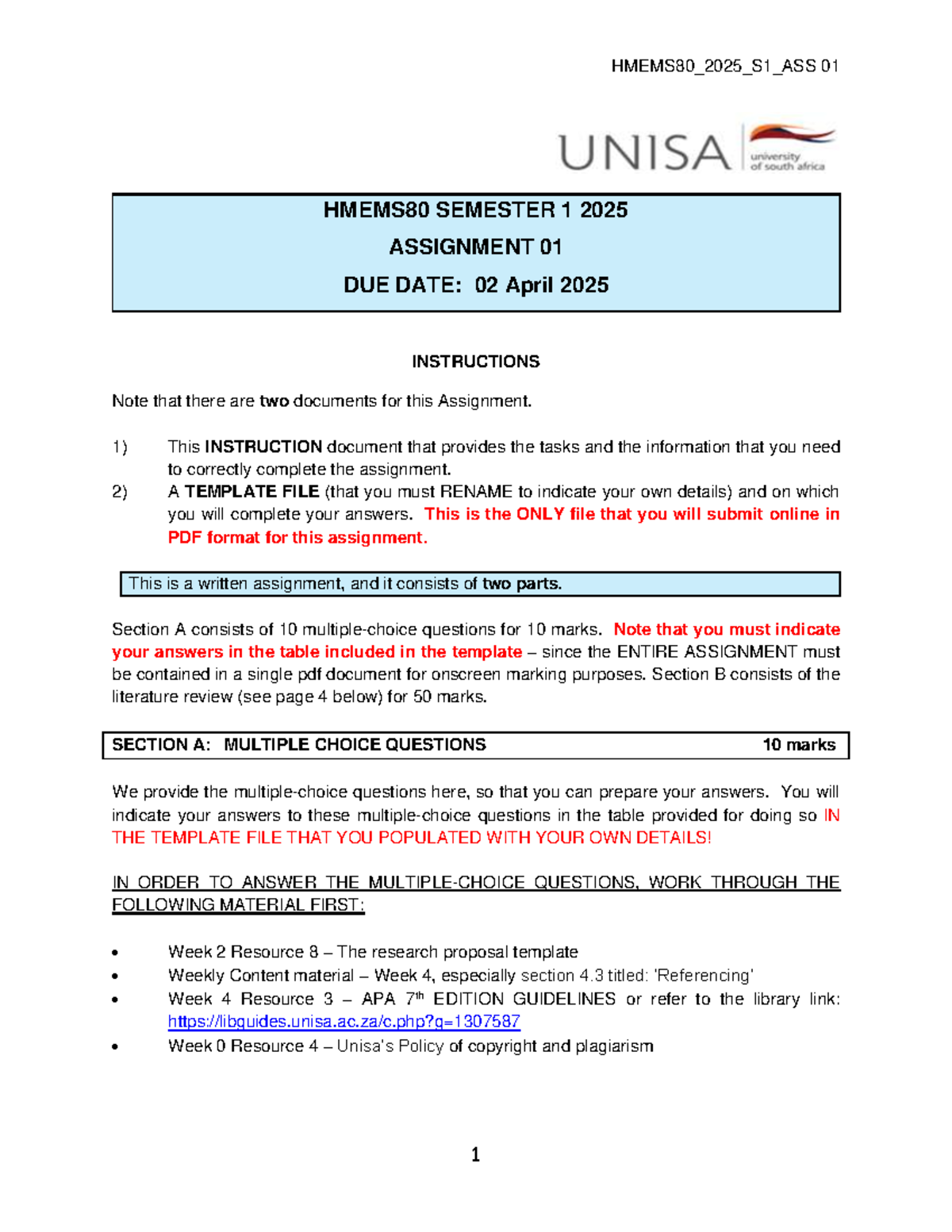 HMEMS80 Assignment 01 Instructions for Semester 1, 2025 - Studocu