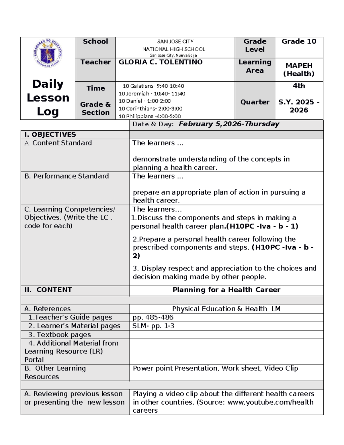 Daily Lesson Log: Planning a Health Career (Grade 10 MAPEH) - Studocu