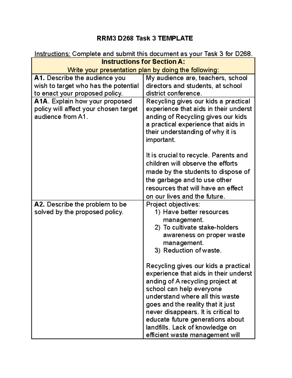 RRM3 D268 Task 3 Presentation Plan on Recycling Policy - Studocu