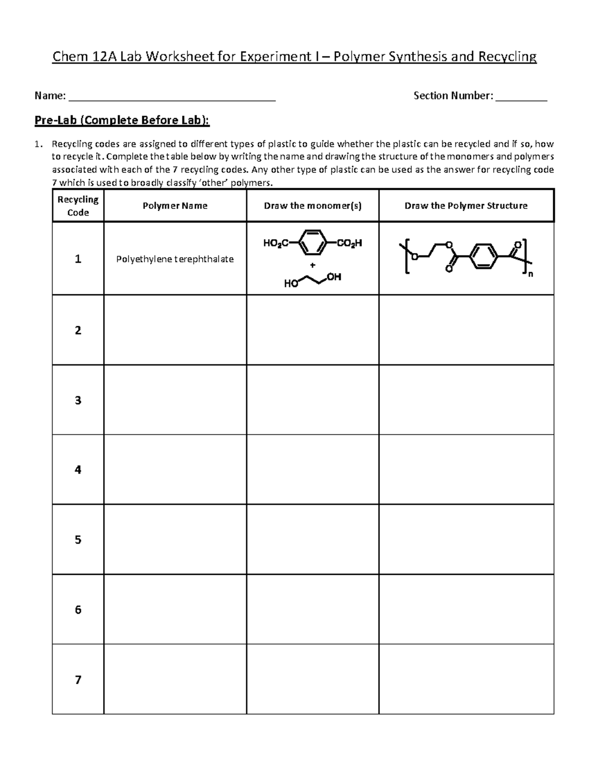 Expt I Worksheet Polymer Synthesis - Chem 12A Lab Worksheet for ...