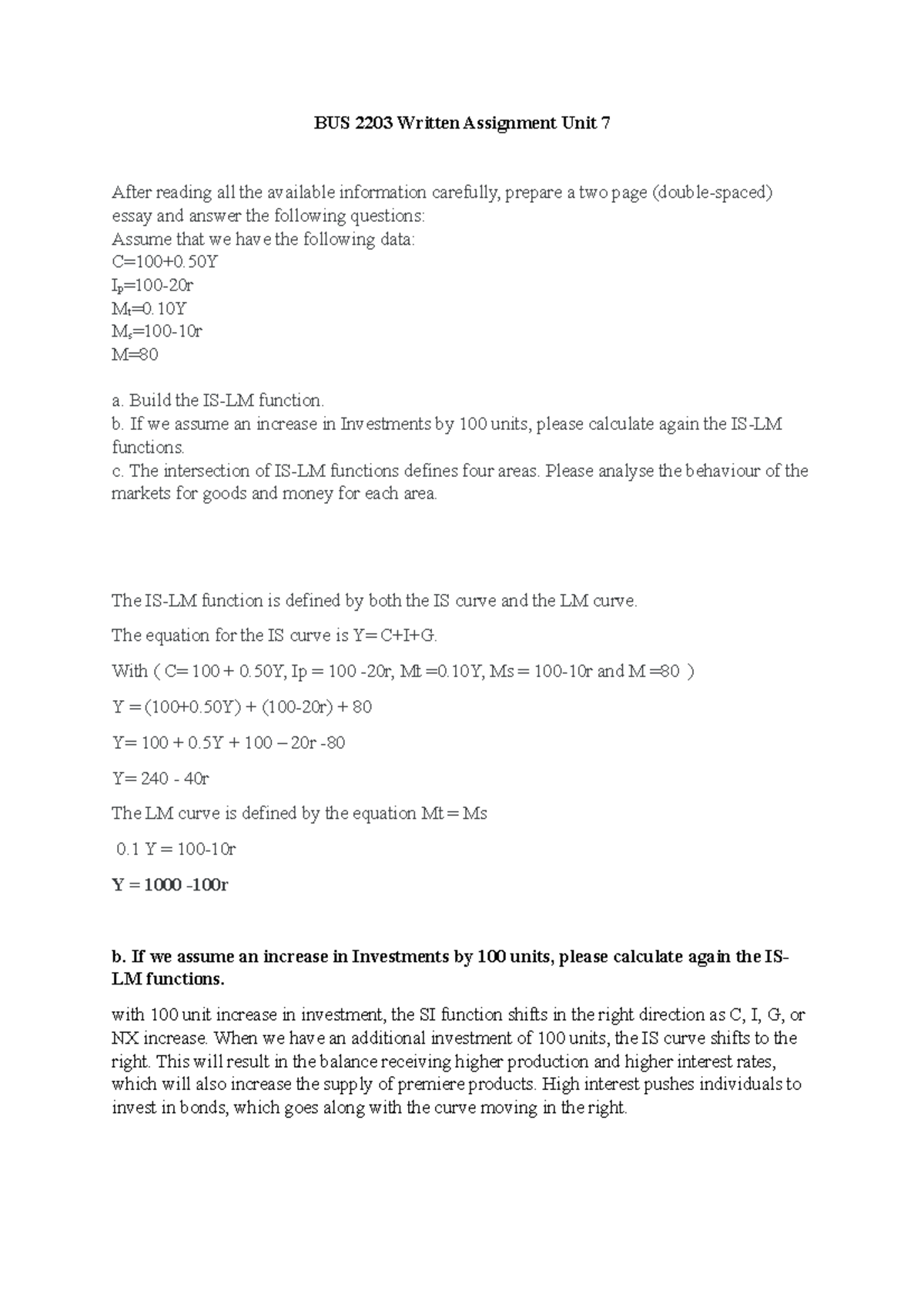 BUS 2203 Unit 7 Written Assignment: IS-LM Analysis and Functions - Studocu
