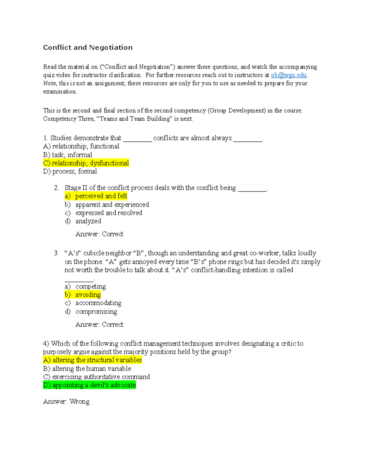 Conflict and Negotiation MCQs for Exam Prep - Final Exam - Studocu