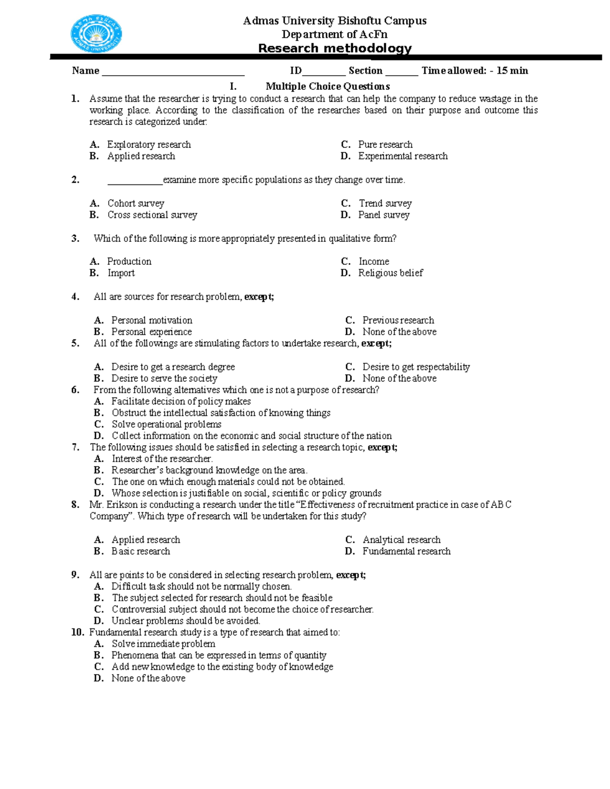 Research Quiz 1 - Exam for AcFn at Admas University - Studocu