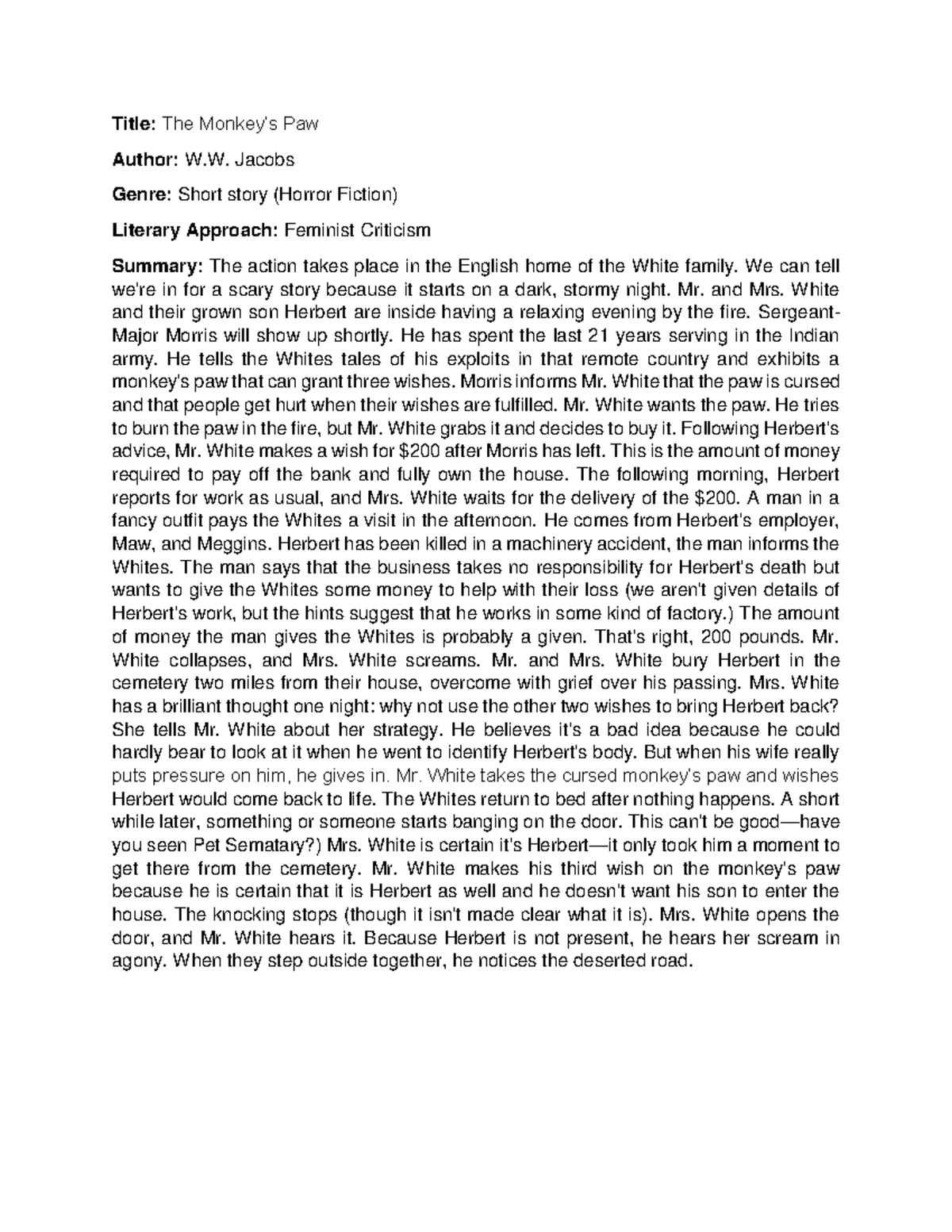 Literary Analysis Draft PLAN - Title: The Monkey’s Paw Author: W ...