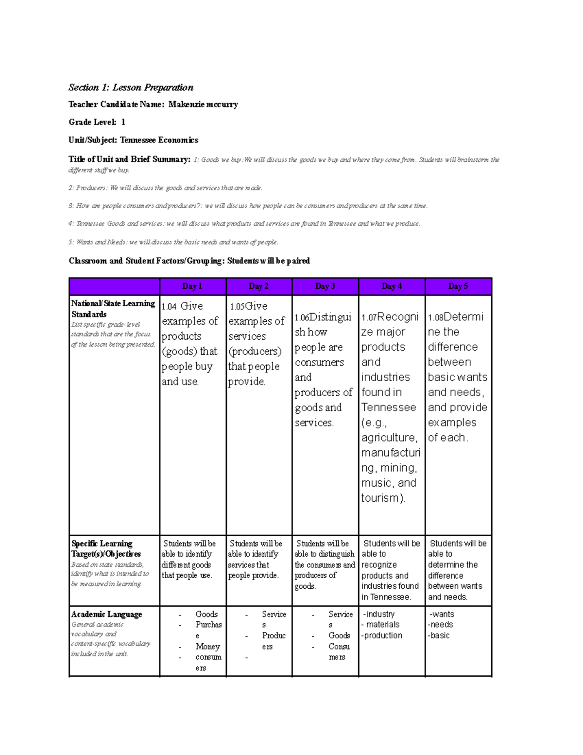 Lesson plan - Section 1: Lesson Preparation Teacher Candidate Name ...