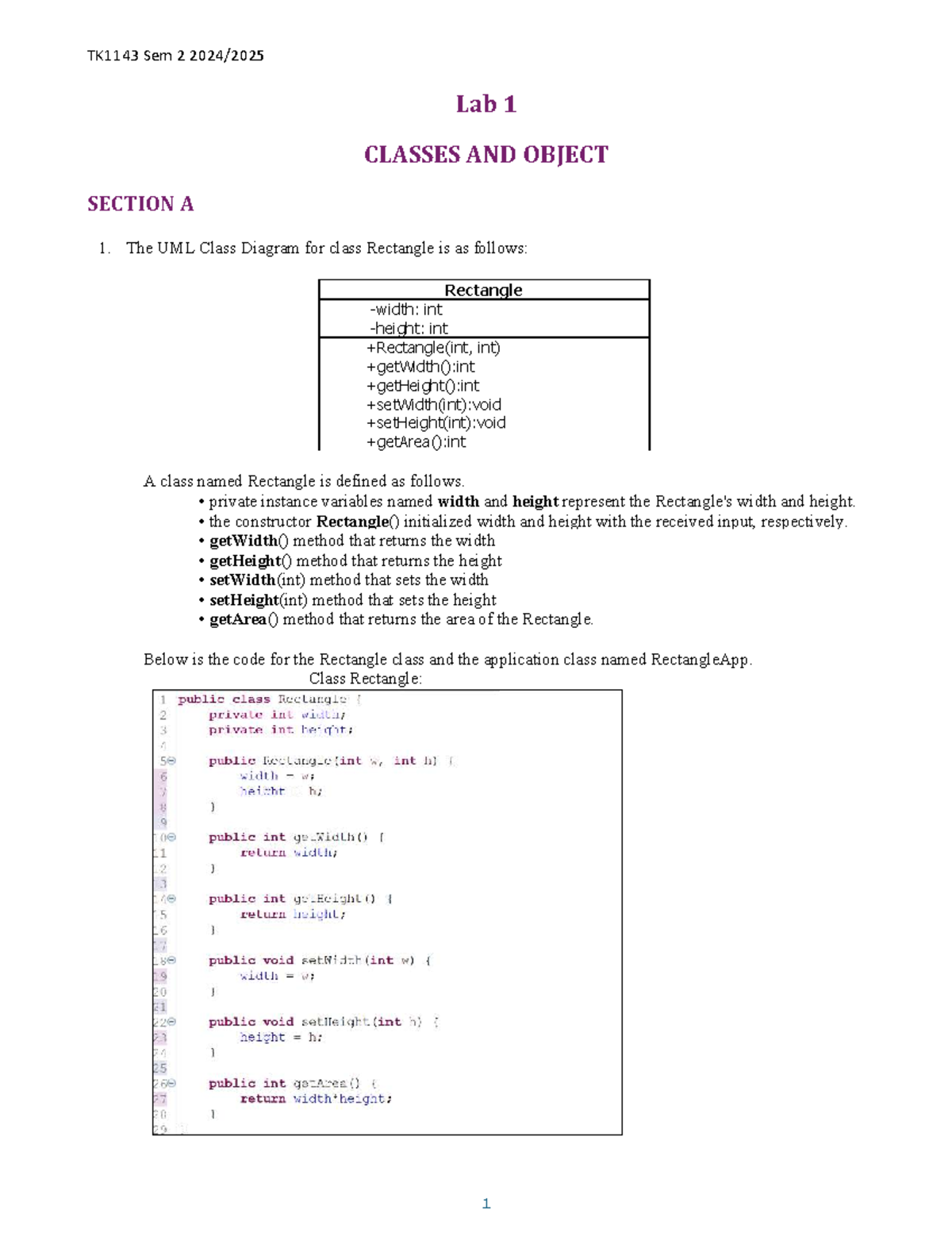 TK1143 Sem 2 Lab 1: Classes and Object Implementation Guide - Studocu