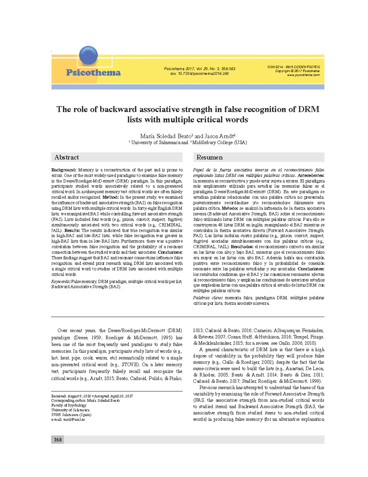 The Role of Backward Associative Strength in False Recognition: A Study ...