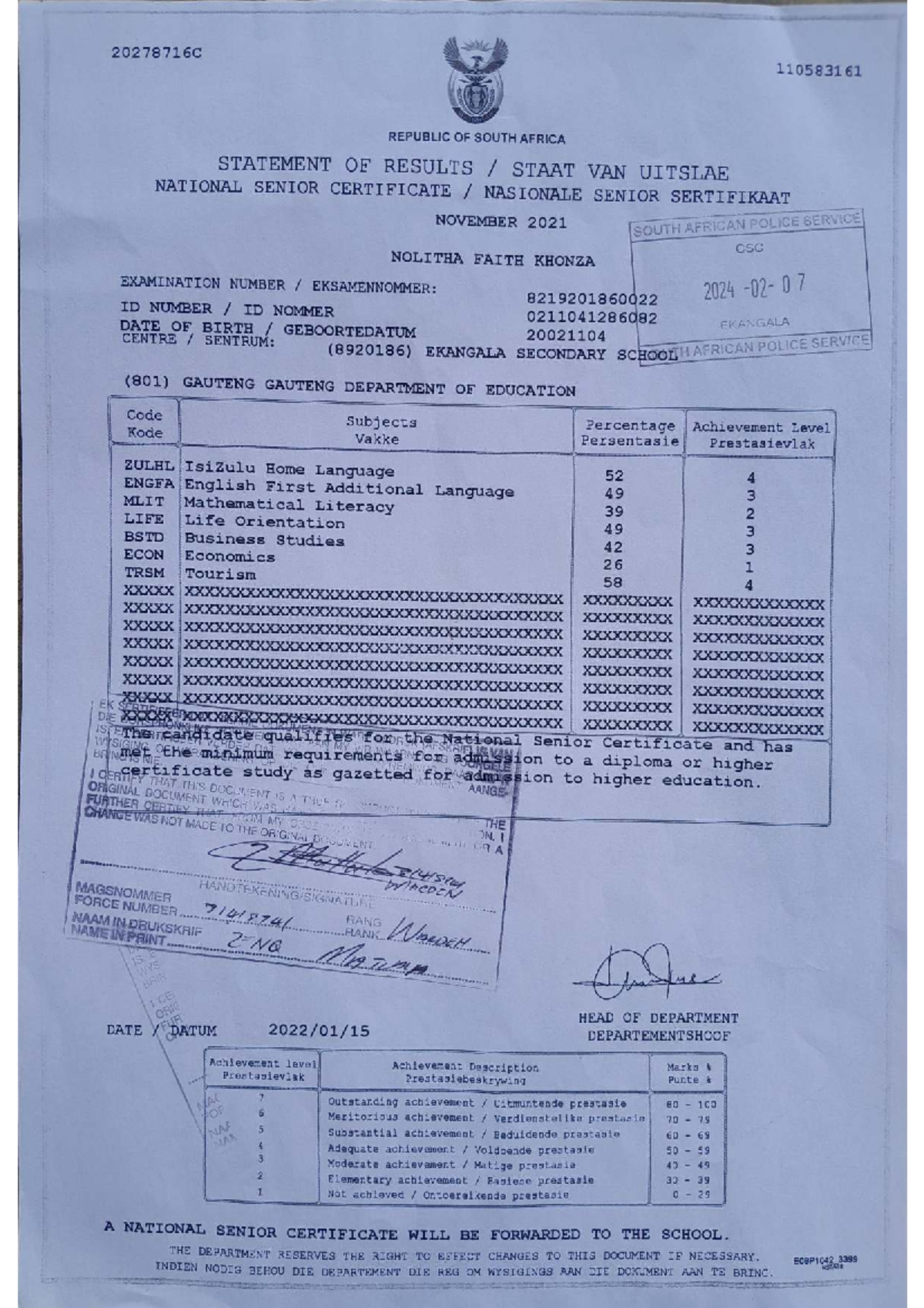 Nolitha matric statement - 20278716C 110583161 REPUBLIC OF SOUTH AFRICA ...