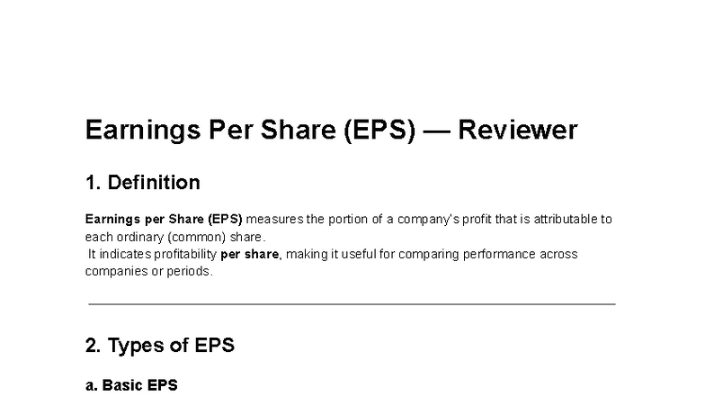 Earnings Per Share (EPS) Overview and Key Formulas Review - Studocu