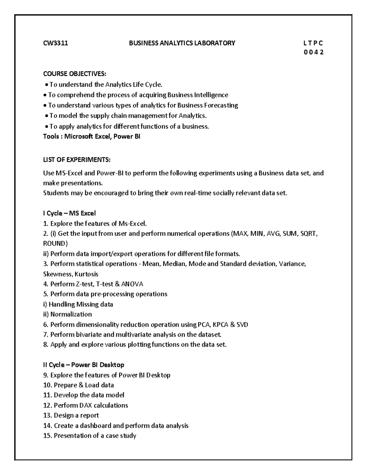 CW3311 Business Analytics Laboratory Syllabus and Experiments - Studocu