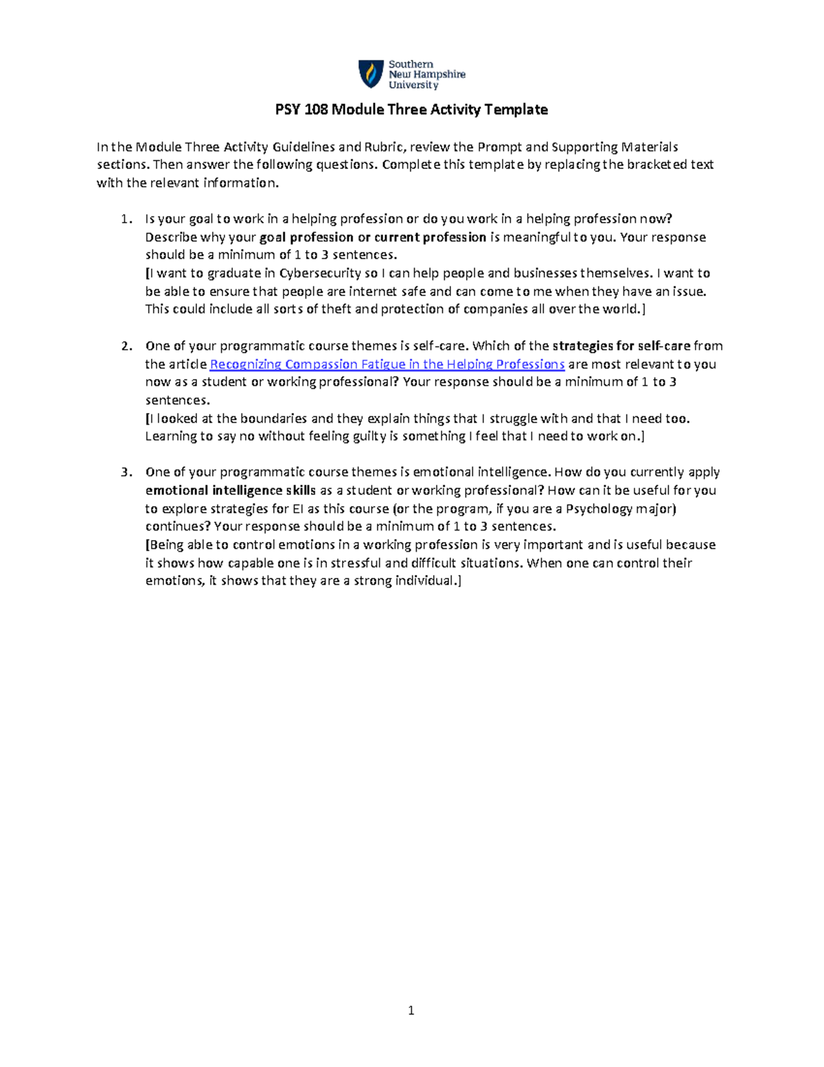 PSY 108 Module Three Activity: Exploring Helping Professions and EI ...