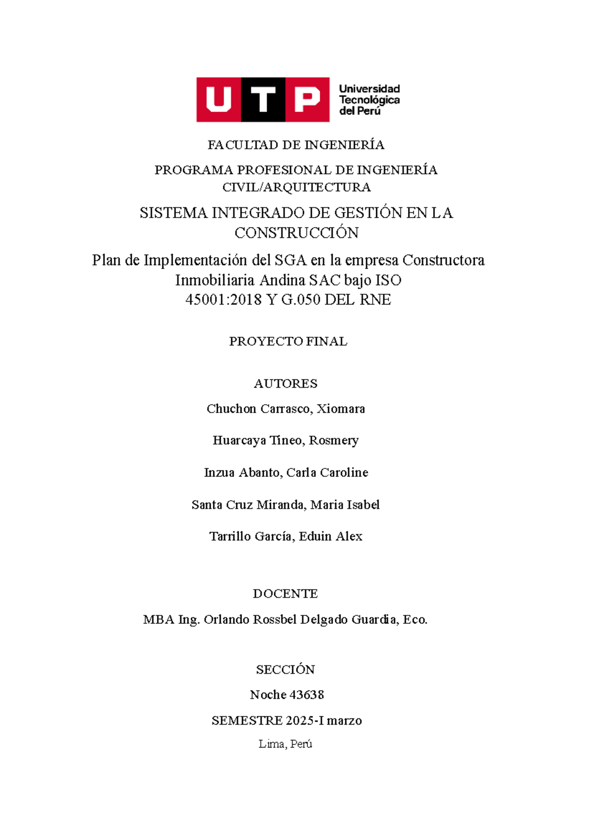 Proyecto Final SST45001: Implementación del SGA en Constructora Andina SAC - Studocu